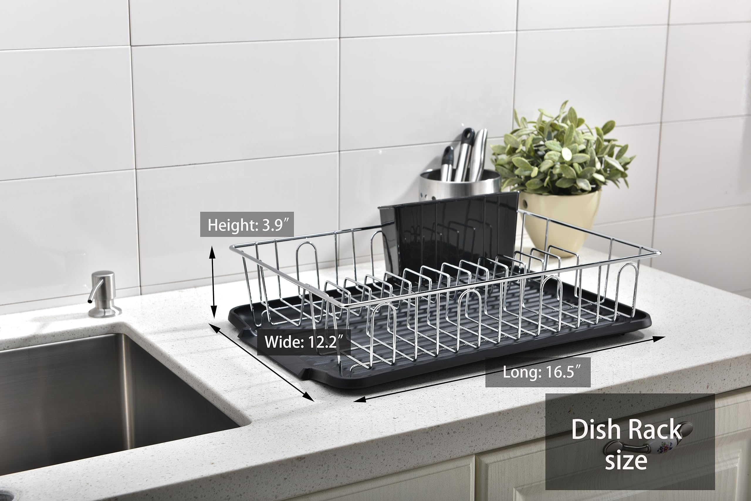 Popity home Dish Drying Rack, Dish Rcks for Kitchen Counter, Small Stainless Dteel Dish Drainer Dack with Black Cutlery Holder and Drainboard