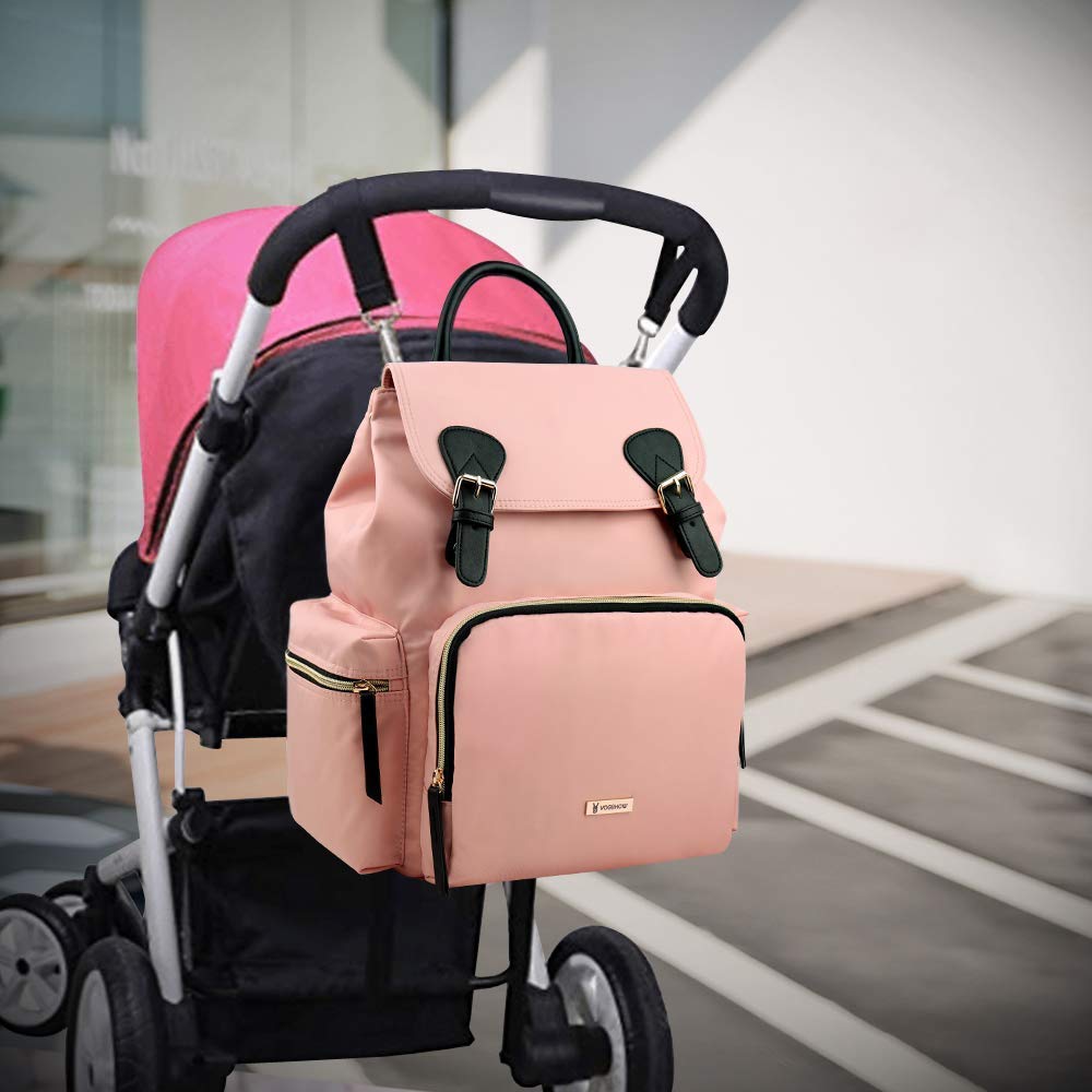 Vogshow Waterproof Diaper Bag, Multifunction Stylish Travel Backpack with 2 Stroller Hooks, Pink