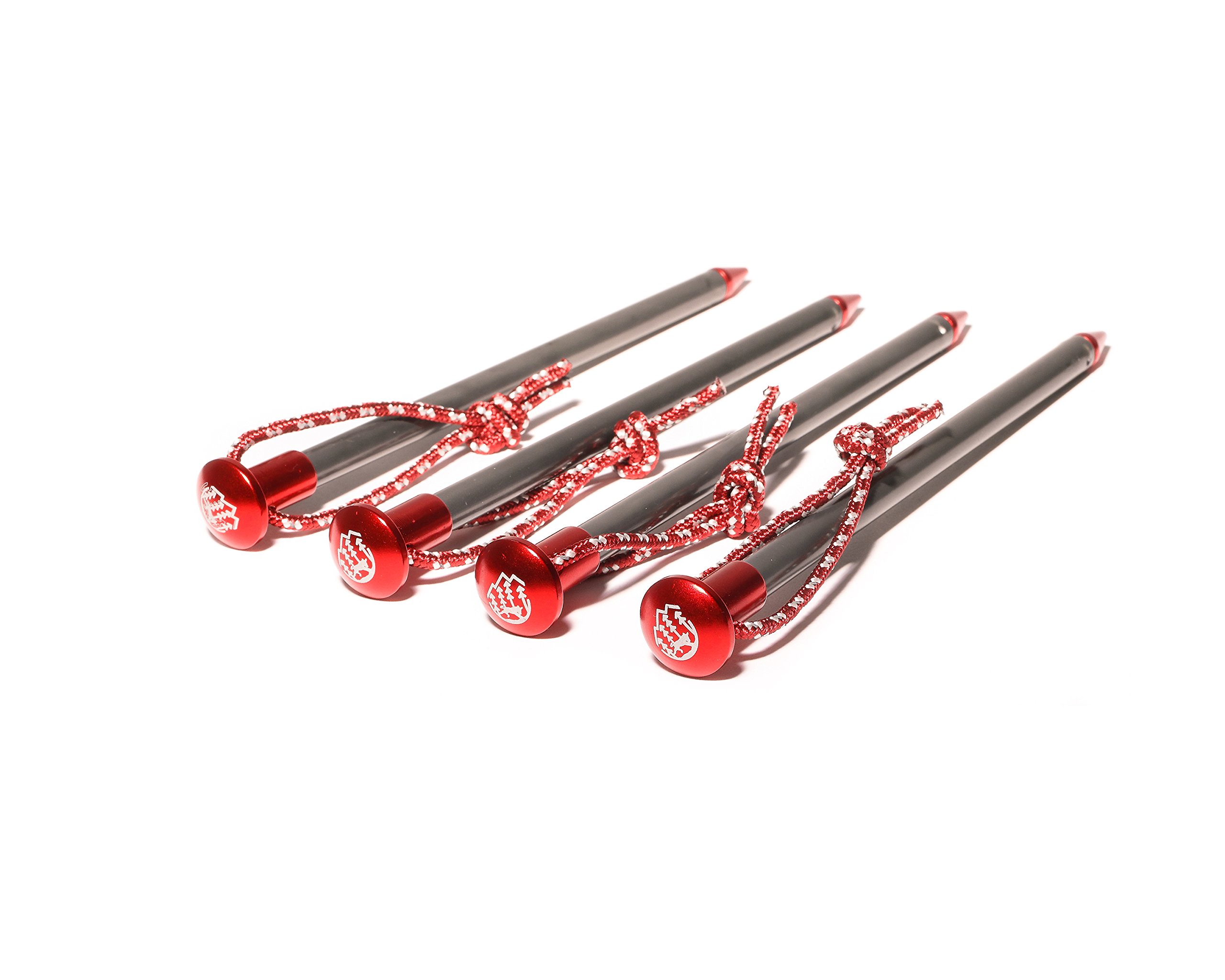 StayPut! Aero 7075 Lightweight Aluminum Anchor Peg Tent Stakes with Reflective Pull Cords for Hammock Camping and Backpacking (4-Pack, Titanium Gray & Red)