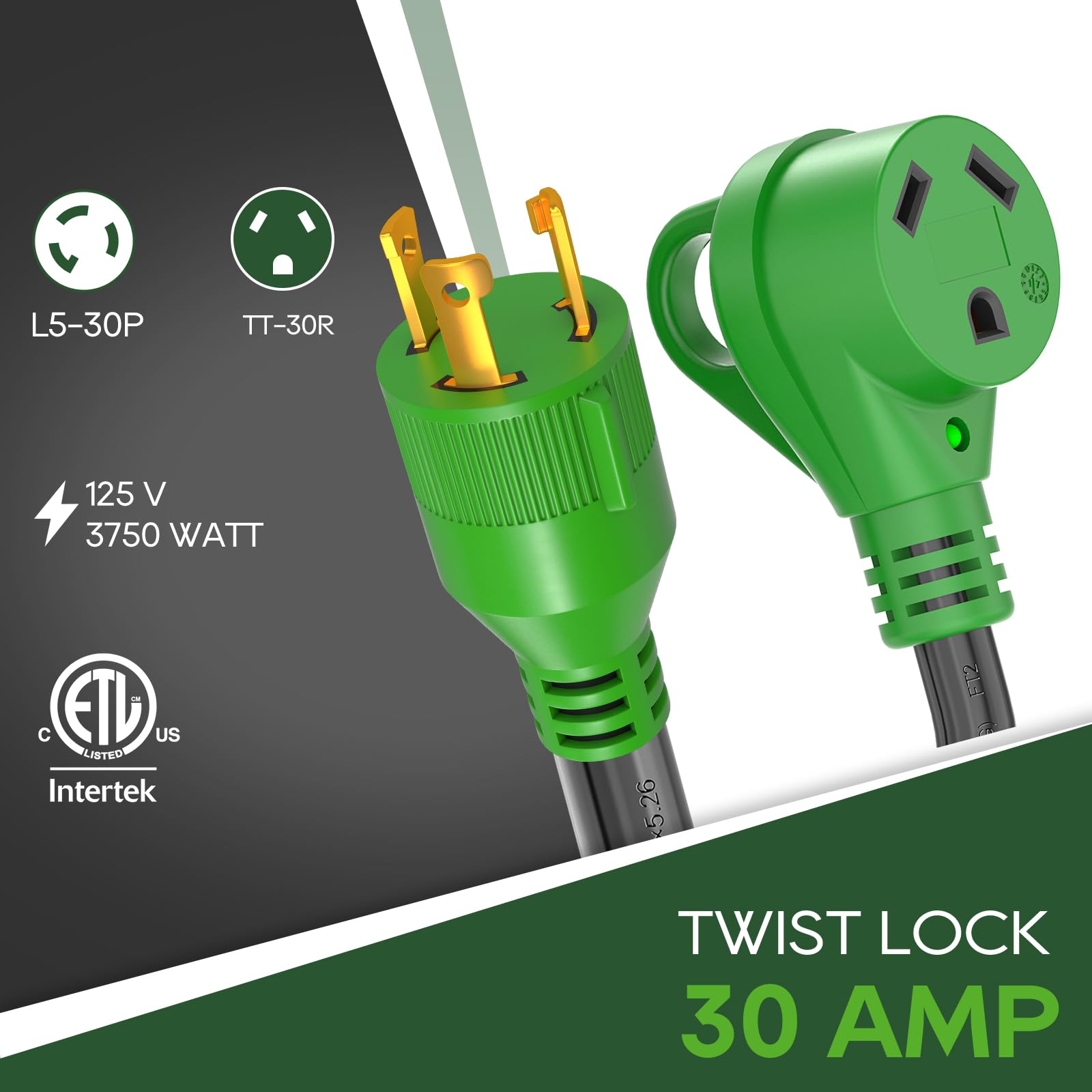 RVGUARD 3 Prong 30 Amp to 30 Amp RV Generator Adapter Cord 12 Inch STW 10/3, L5-30P Locking Male Plug to TT-30R Female with LED Power Indicator, Green