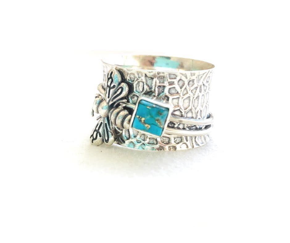 Very Rare Honey Bee Copper Turquoise Silver Spinner Ring | 925 Sterling Silver Stone Spinner Ring | Designer Hand Carved Silver Ring Gift (Ring Size-8)