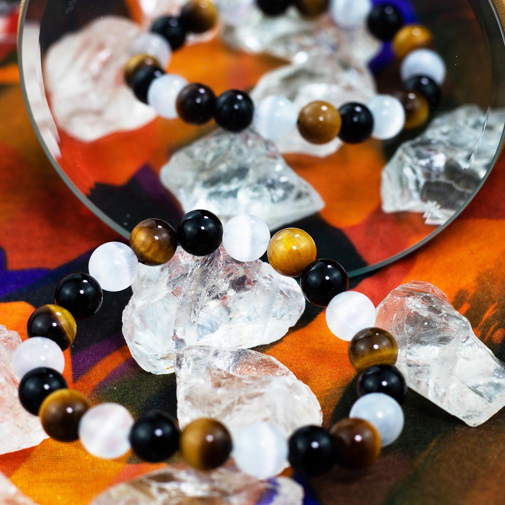 Triple Protection Bracelet | Natural Stone 10mm - Beaded | Bracelet for Women Men (Selenite+Tiger Eye+Obsidian)