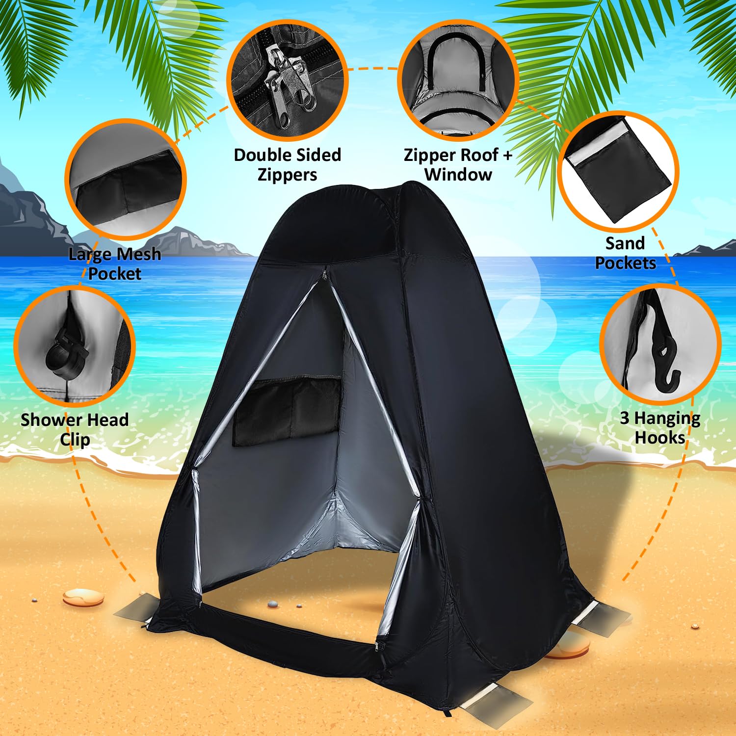 Pop Up Large Privacy Tent - 5 x 5 x 7Ft - Oversized Strong Camping Toilet Tent- Portable Camp Shower Pod w/Hooks- Porta Pod- Outdoor Bathroom, Potty, Changing Private Room (Black)