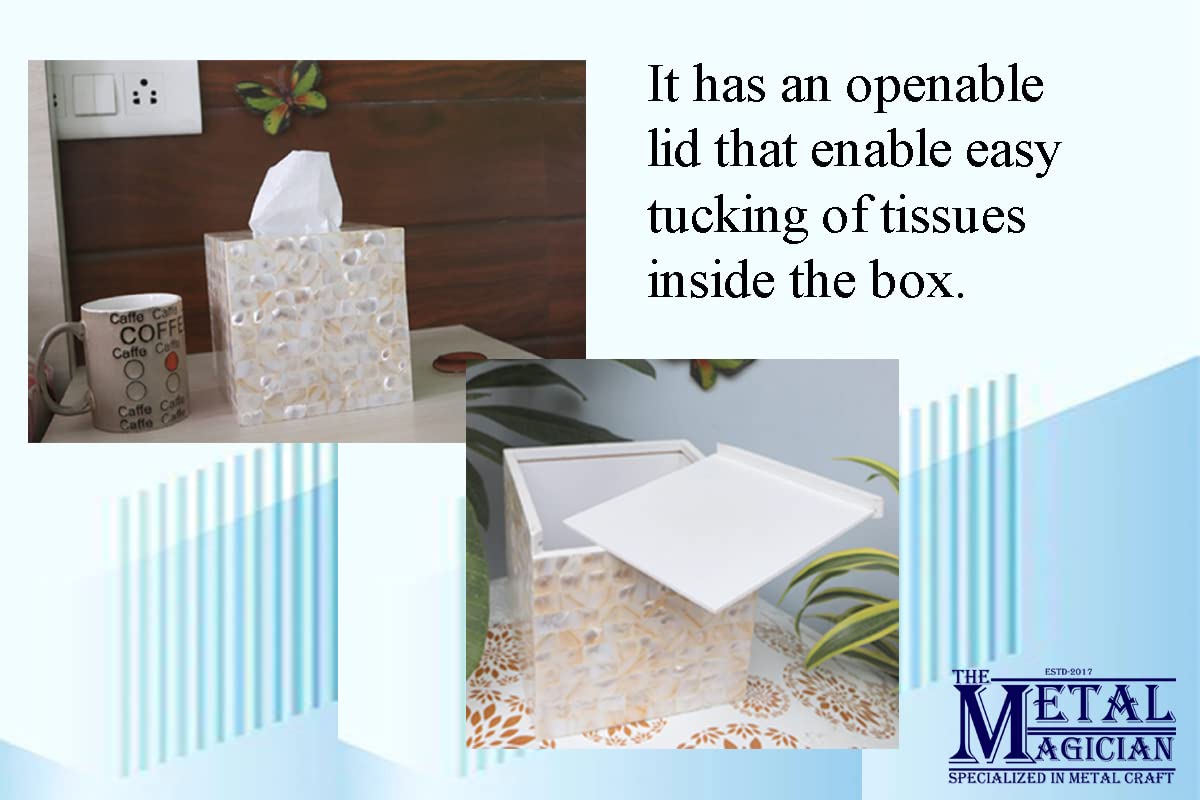 Square Tissue Holder – Decorative Tissue Box Cover is Finished in Beautiful Mother of Pearl by The Metal Magician