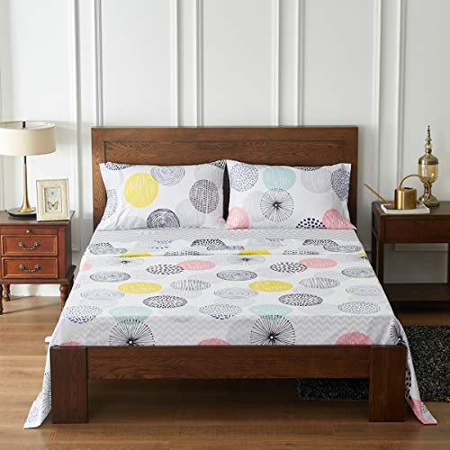UOZZI BEDDING Printed 4 Pieces Girls Bed Sheets Set Queen Size 1500 Soft Brushed Microfiber Colorful Dots and Stripes Patterned Adult Bedding Set