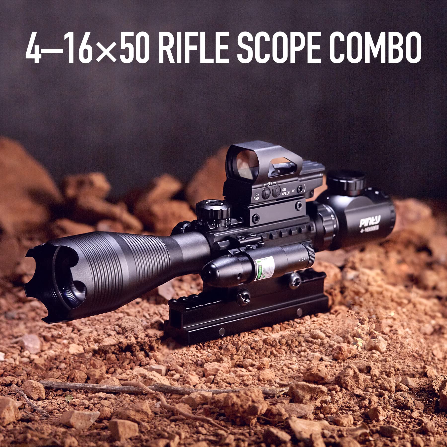 PINTY Rifle Scope Red Dot Laser Combo β 4in1 Gun Set with 4-16x50 Illuminated Hunting Scope, Green/Red Dot, Green Laser Sight, Pic Riser β Tactical Scope and Laser for Shooting Airsoft More, Black
