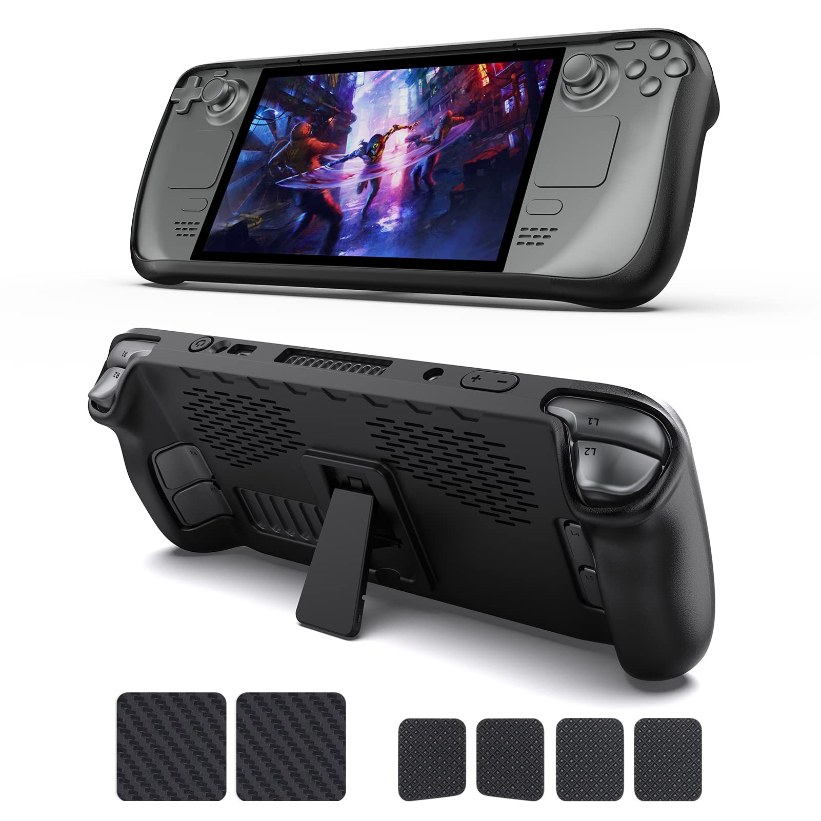 zaiwan Steam Deck Case with Kickstand, TPU Steam Deck Cover Protector with Stand, Shock-Absorption, Non-Slip, Anti-Scratch Accessories Skin for Steam Deck - Black