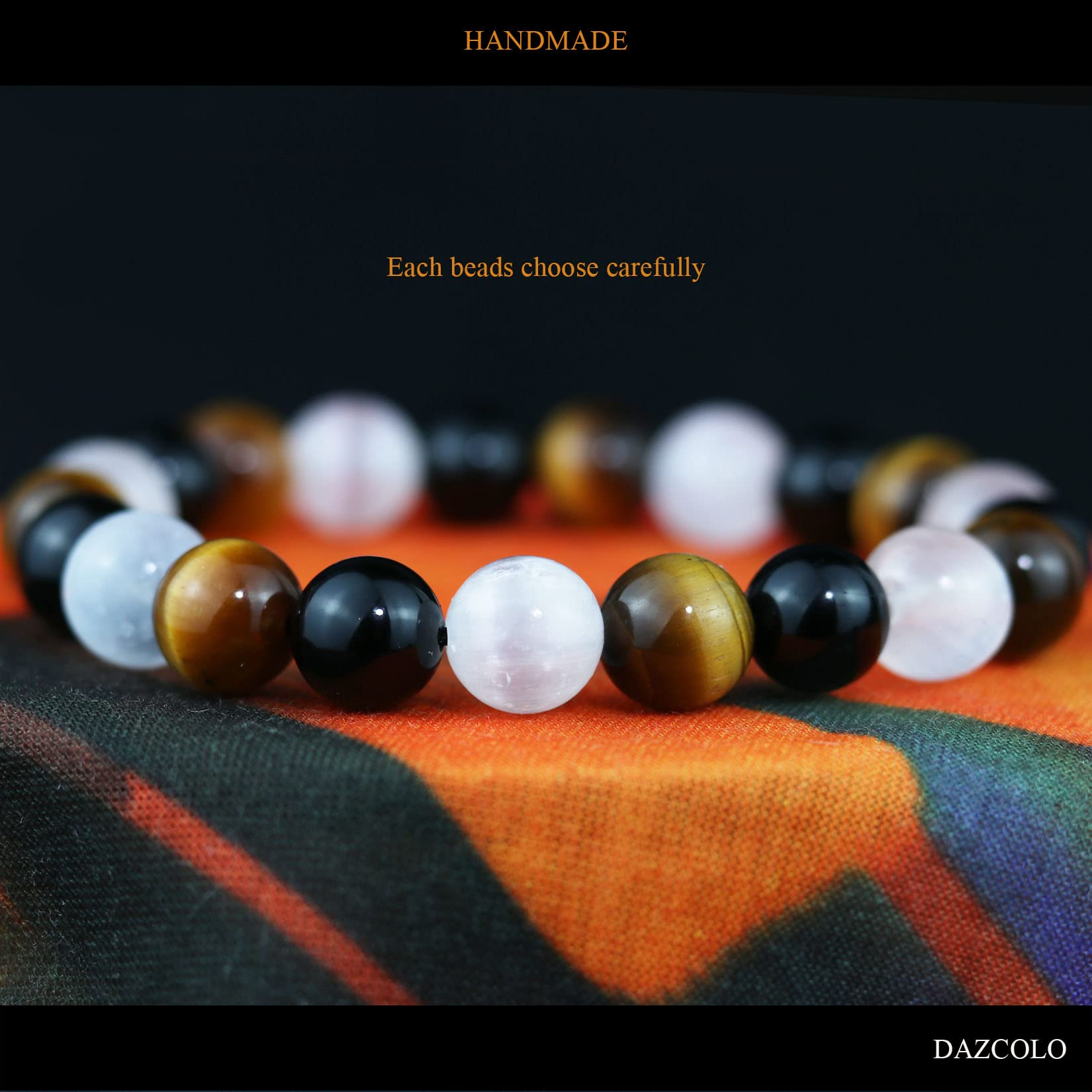 Triple Protection Bracelet | Natural Stone 10mm - Beaded | Bracelet for Women Men (Selenite+Tiger Eye+Obsidian)