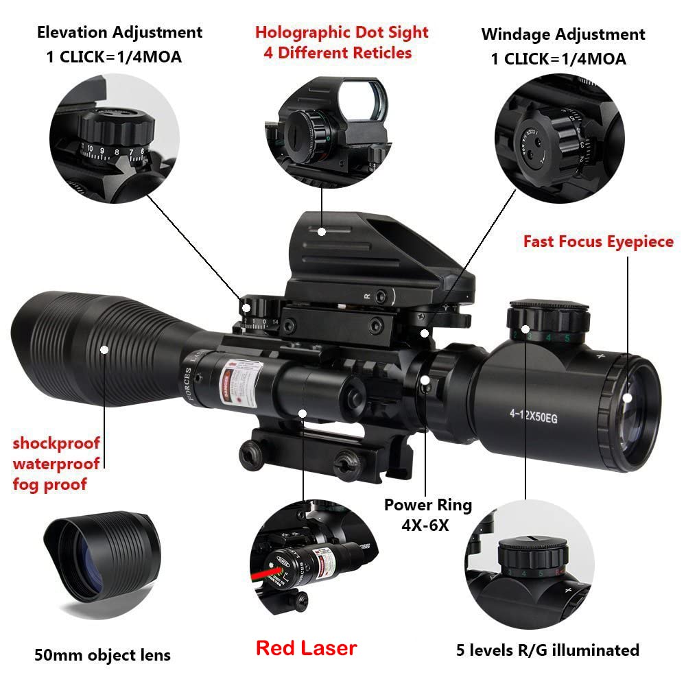 Rifle Scope Combo 4-12x50EG Dual Illuminated with Laser Sight 4 Holographic Reticle Red/Green Dot for Weaver/Rail Mount (Red Laser)