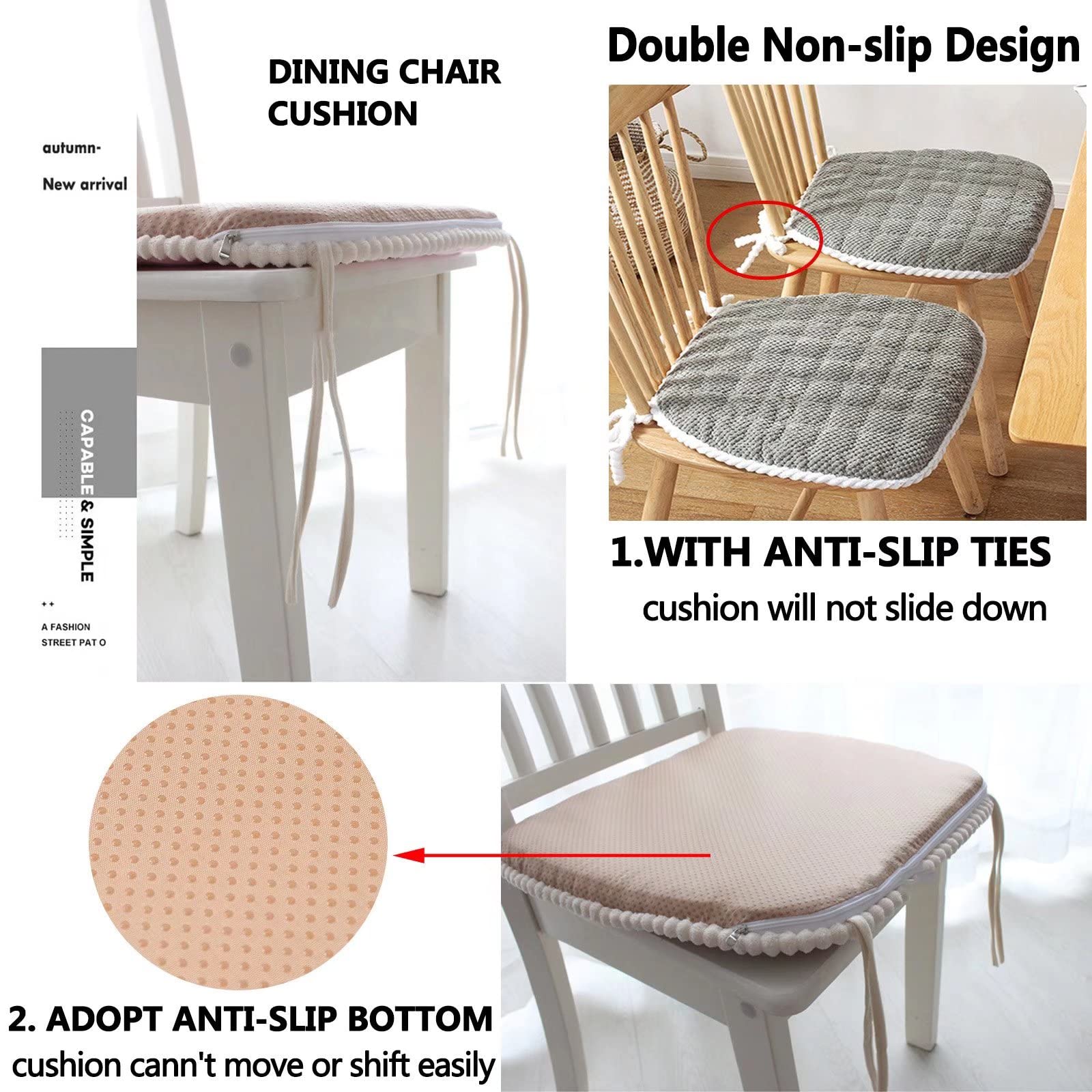 YSCO Chair Cushions for Dining Chairs 2 Pack, Chair Pads for Dining Chairs with Ties, Individual Seat Cushion for Kitchen Chairs U Shape, Non Slip Seat Pads Farmhouse Style Grey, Gray, 2pack