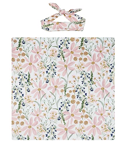 Vollmic Newborn Baby Girl Receiving Blanket Swaddle Blanket Stretchy Knit Swaddle Set with Matching Headband (Golden Flower)