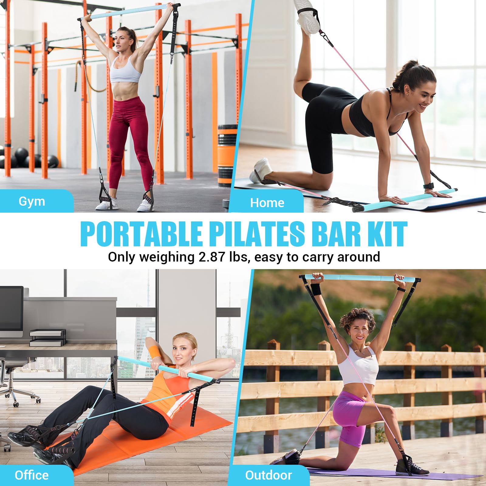 Pilates Bar Kit with Resistance Bands, Multifunctinal Exercise Bar with Resistance Bands for Pilates/Abs/Weight Loss, Portable Home Gym Pilates bar kit for Full Body Training Women - Blue