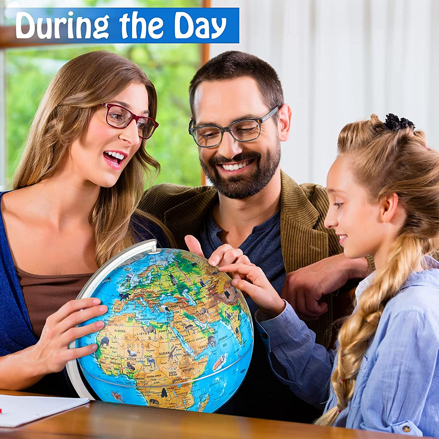 Wizdar Illuminated Globe with Stand World Globe for Kids Learning with LED Night Light 3 in 1 Interactive Globes with Animal Pattern Light up Earth Globe Decoration for Home, Desk, Classroom-8 Inch