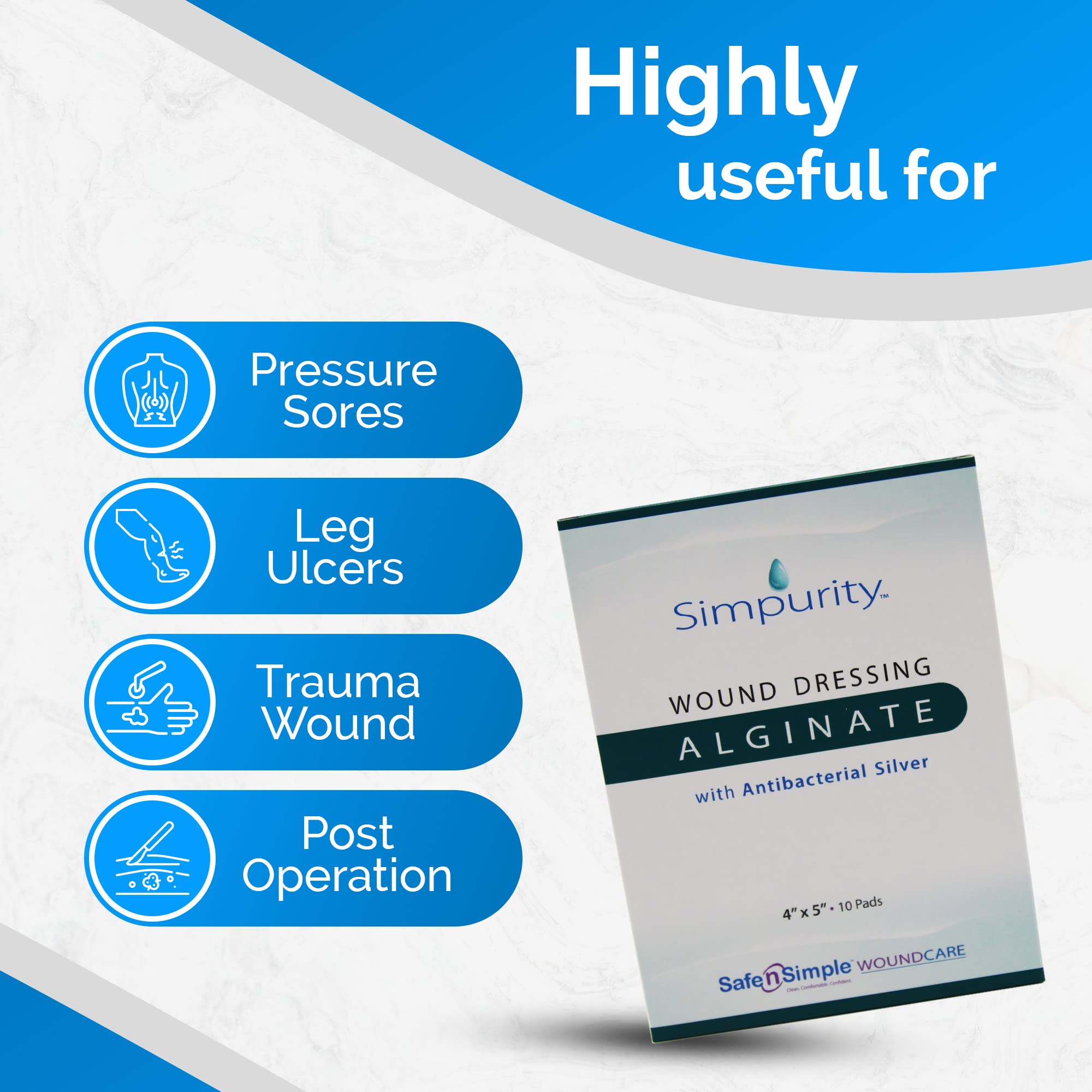Silver Calcium Alginate Wound Dressing - Simpurity - 4"x 6" Individual Thick Pads - Silver Dressing for Wound Care - Antimicrobial Non-Stick Sterile Calcium Alginate Pads with Silver