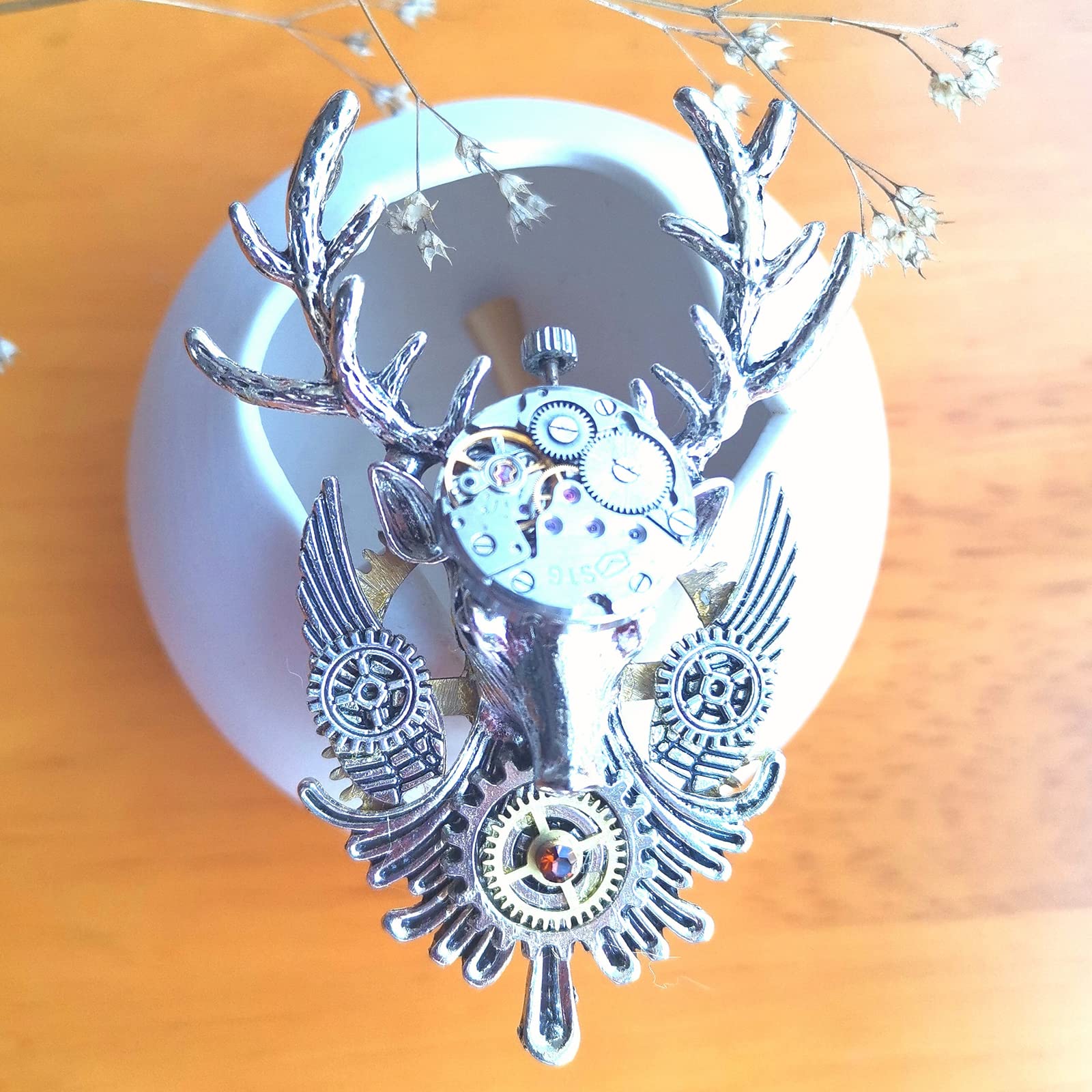 Steampunk Gothic Handmade Deer Elk Antler Mechanical Watch Movements Double Use for Brooch Pin and Necklace Pendant