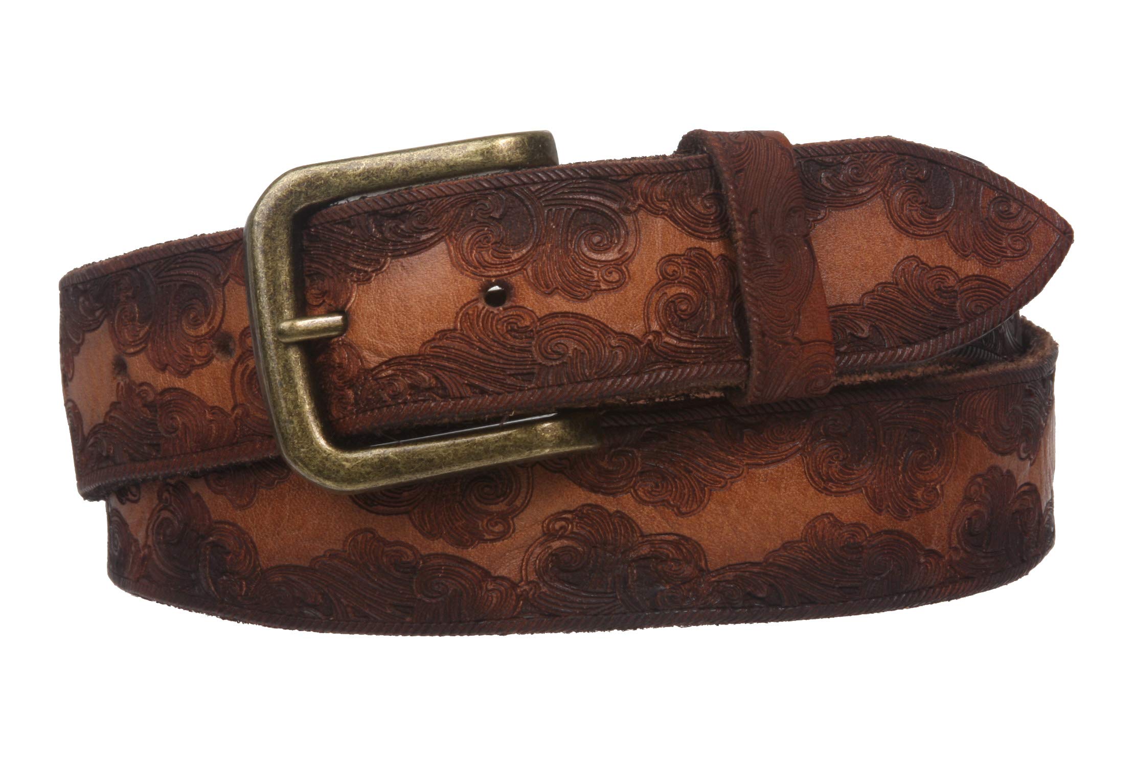 Snap On Soft Hand Floral Embossed Vintage Cowhide Full Grain Leather Casual Belt, Tan | 34