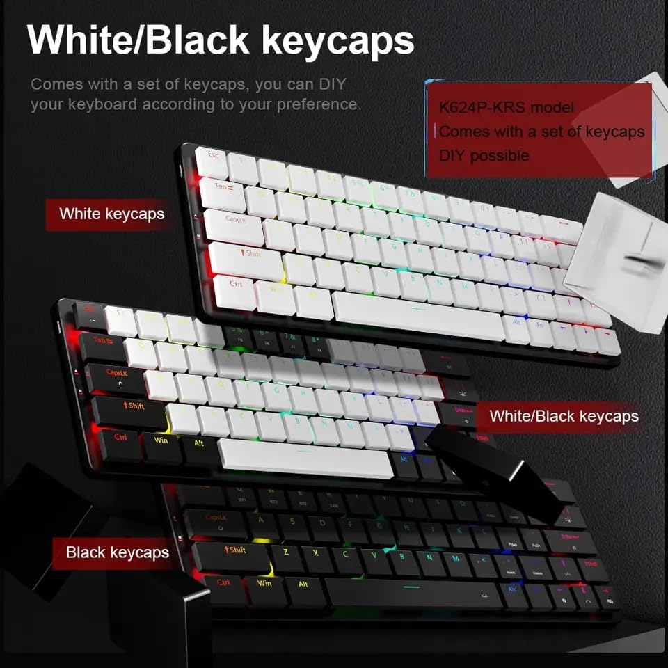 Redragon K624 60% Low Profile Slim Mechanical Gaming Keyboard Wired/Wireless 2.4G and Bluetooth hot swappable Slient Red Switches Backlit RGB with White Black 2 Sets of Keycap