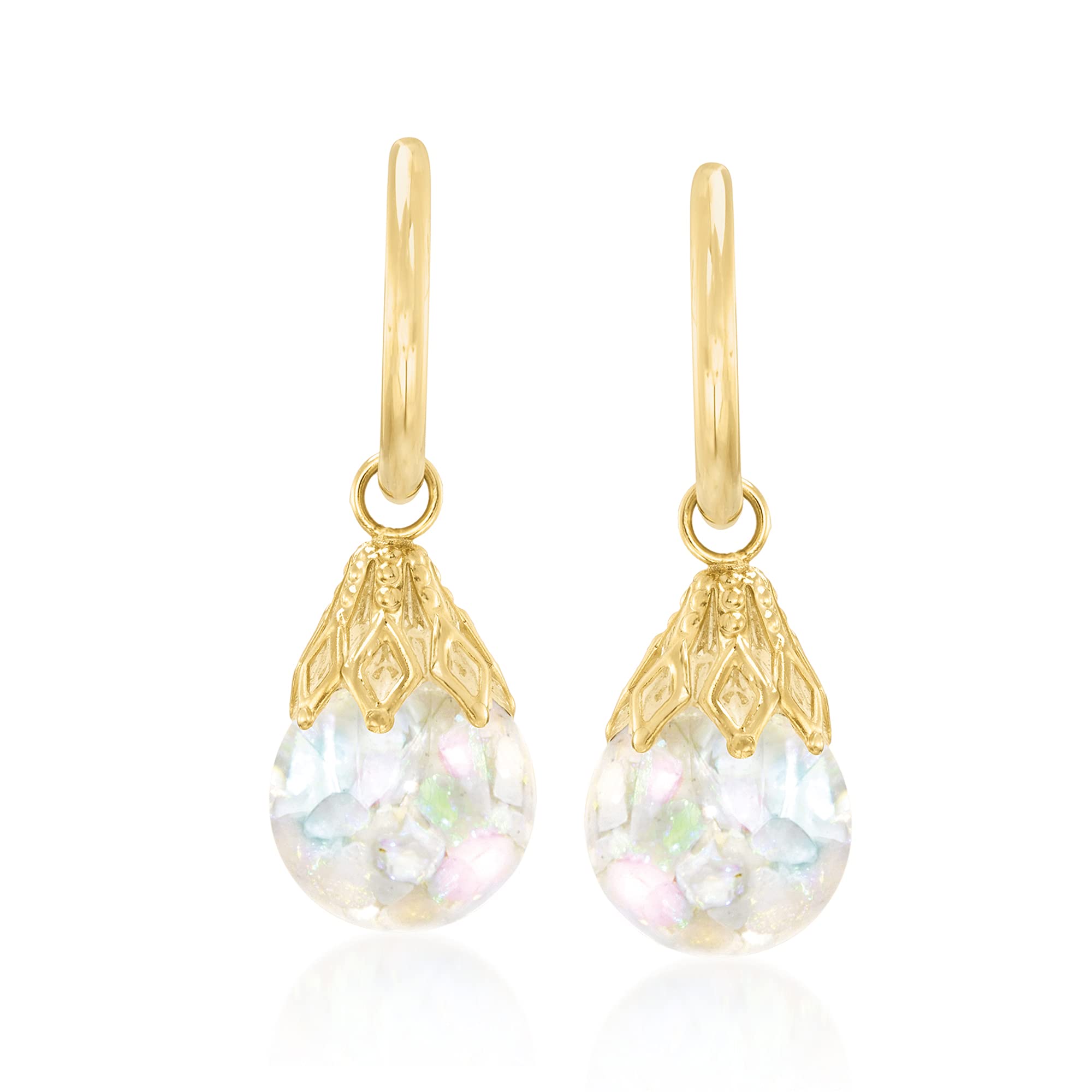 Ross-Simons Floating Opal Hoop Drop Earrings in 14kt Yellow Gold