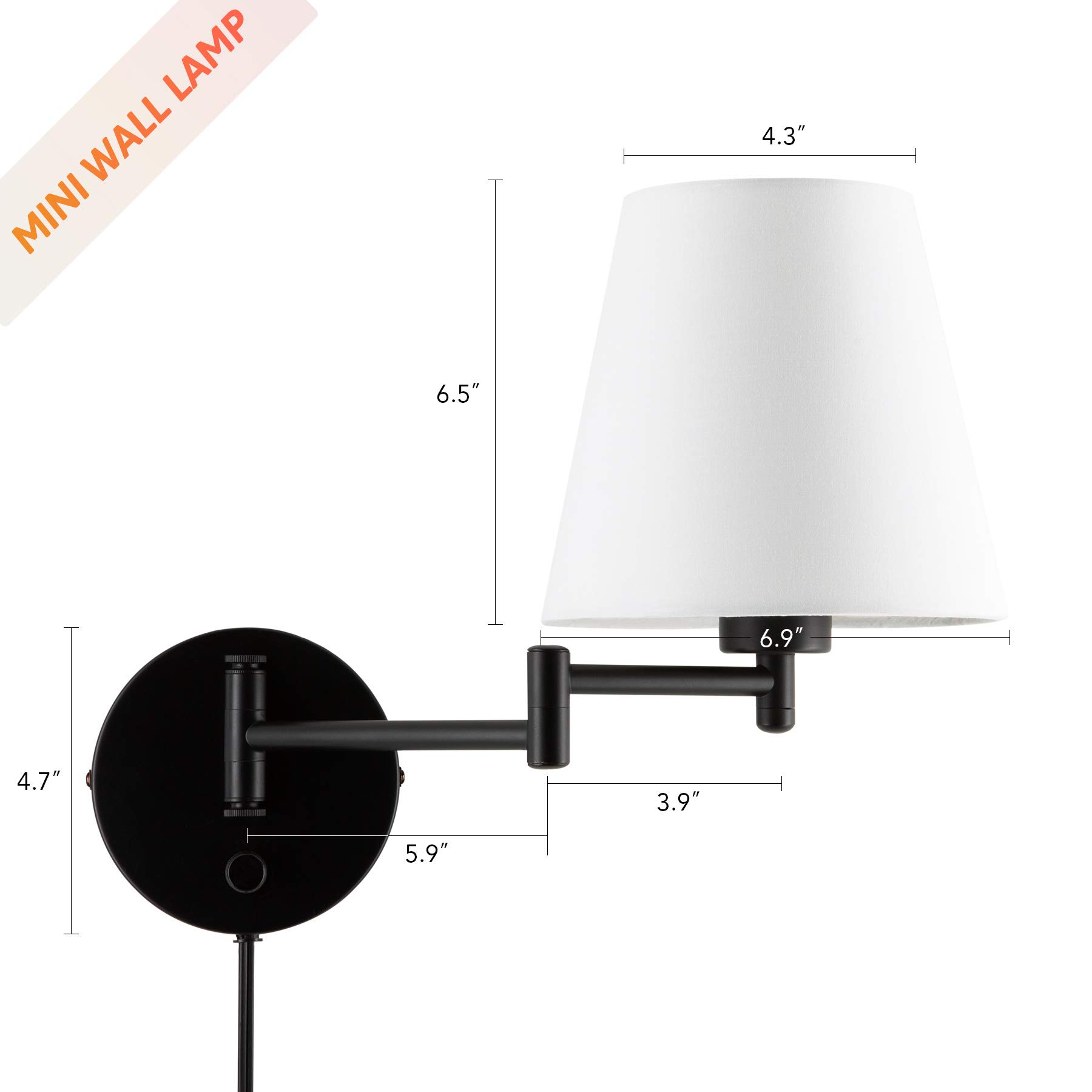 VONLUCE Modern Swing Arm Wall Mount Light Plug in, Corded Wall Lamps with White Fabric Shade, Black Metal Adjustable Wall Sconce, Wall Mount Lamp for Bedroom, Living Room, Bedside