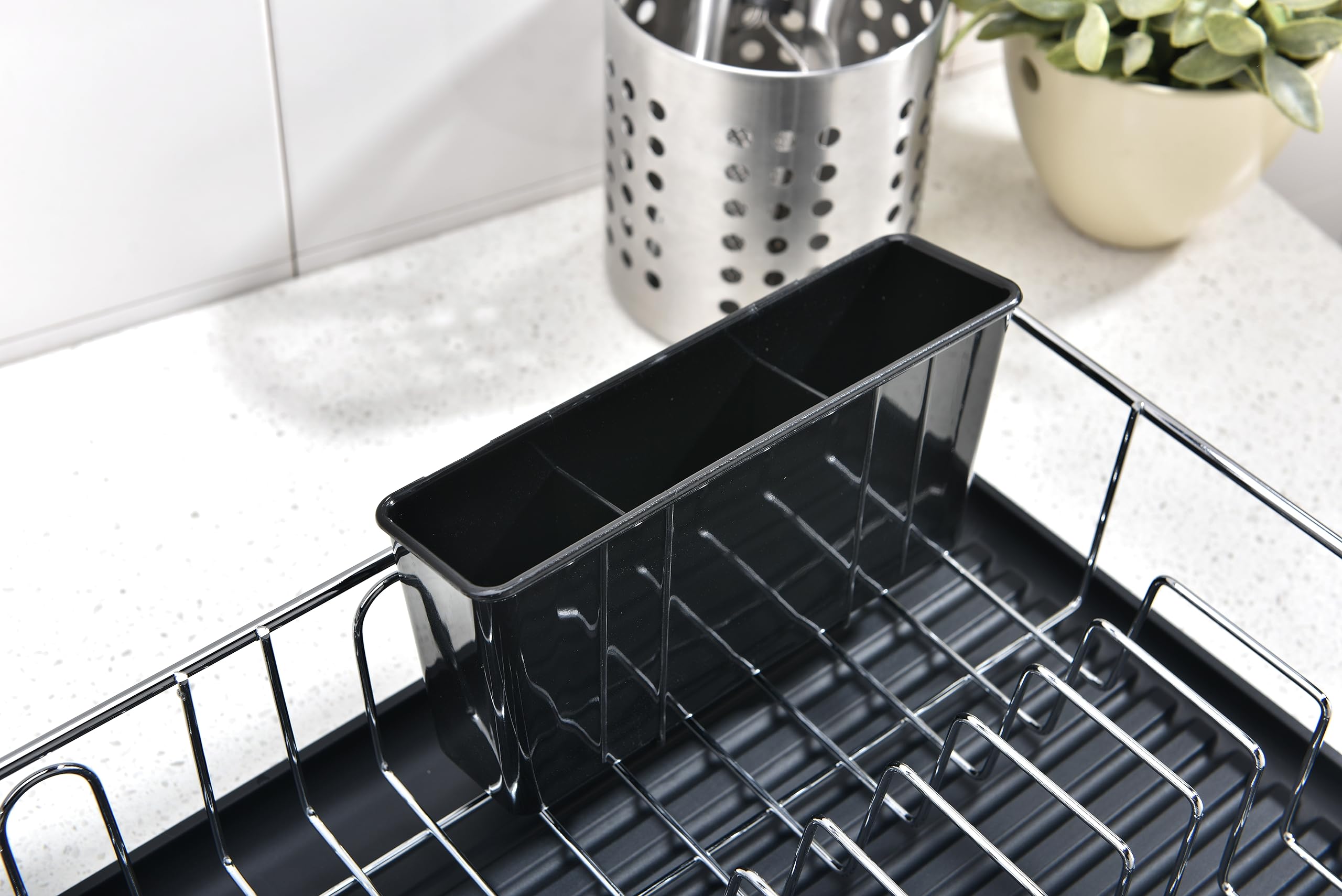 Popity home Dish Drying Rack, Dish Rcks for Kitchen Counter, Small Stainless Dteel Dish Drainer Dack with Black Cutlery Holder and Drainboard
