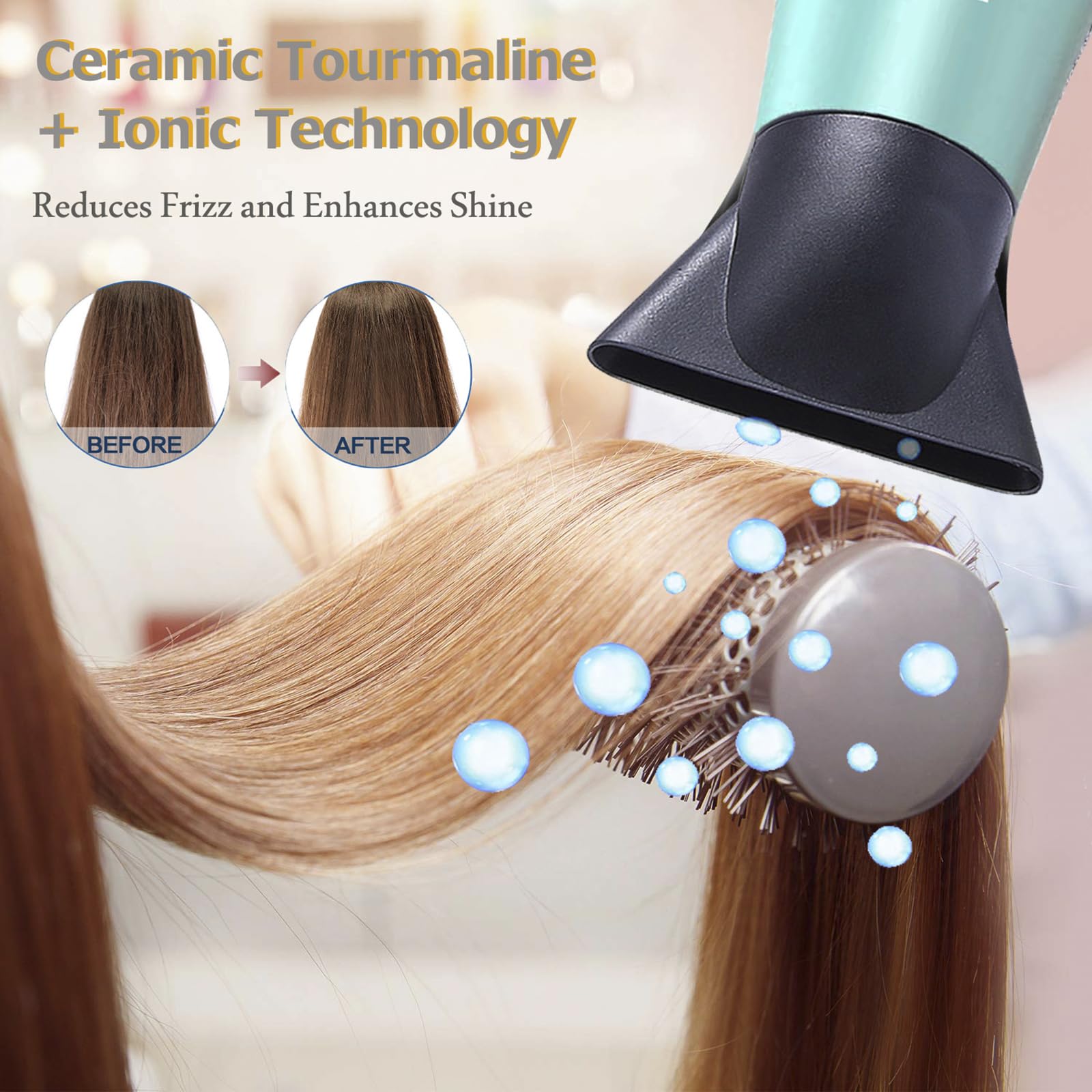 Professional Salon Grade Hair Dryer, Fast Drying 1875w Ionic Blow Dryers,Lightweight Low NoiseTourmaline Negative Ion Hairdryer with Diffuser and Concentrator Attachment