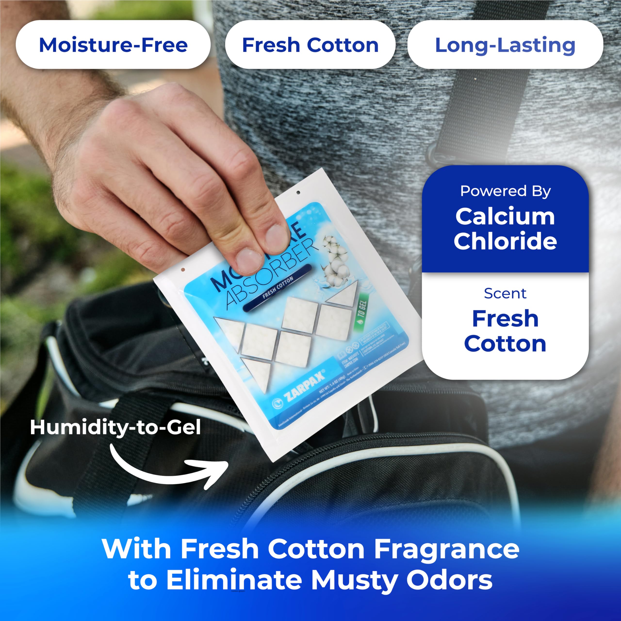 Zarpax Moisture Absorber Sachets Fresh Cotton 1.4 oz/40g - Remove Excess Moisture In Air & Odor - Desiccant Dehumidifier for Closet, Drawer, Safe, Storage - Dampness & Humidity Control - Set of 8