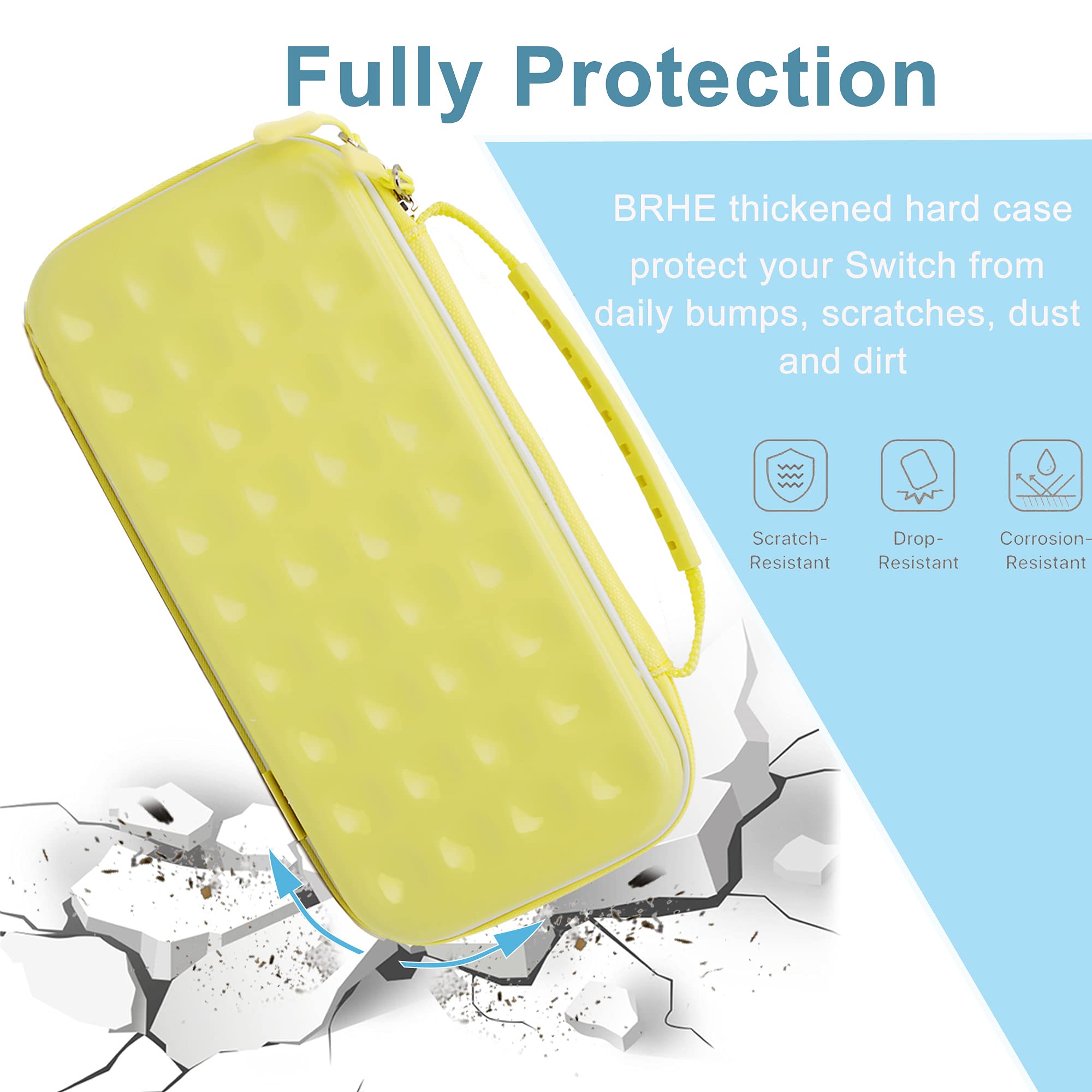 Switch Carrying Case, BRHE Thickened Hard Portable Travel Carry Bag Sets with Dockable Clear Protective Cover, Ultra-thin Adjustable Stand, Tempered Glass Screen Protector for Nintendo Switch (YELLOW)