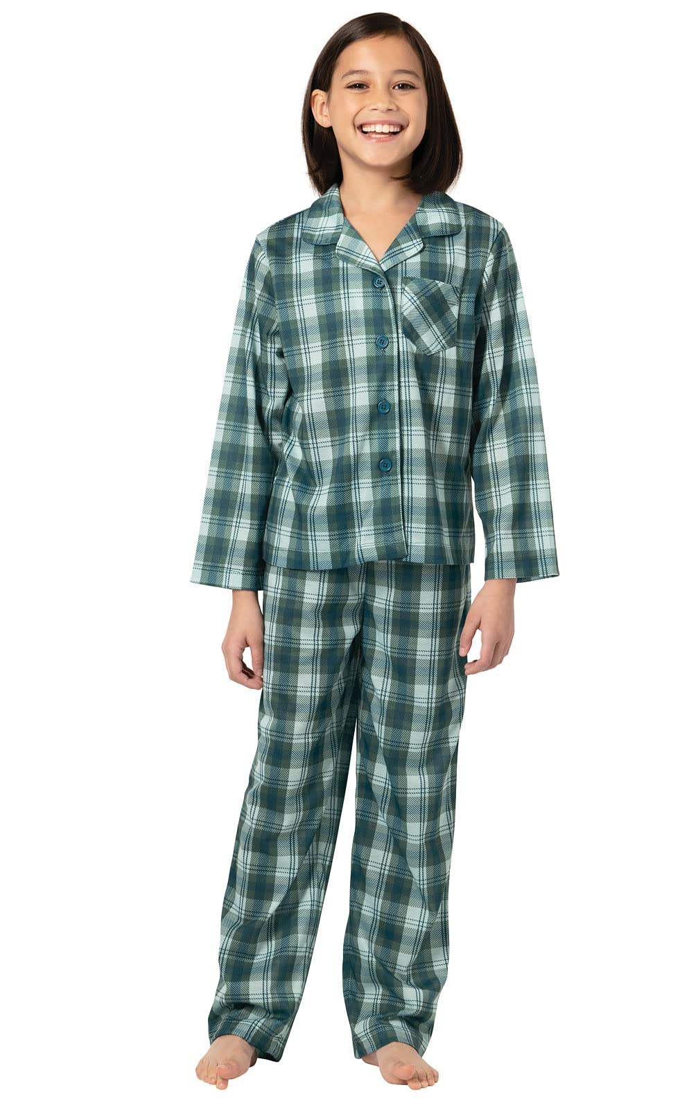 PajamaGram Pajamas Kids - Girls Pajama Sets, Teal Plaid Button-Front PJ, 10