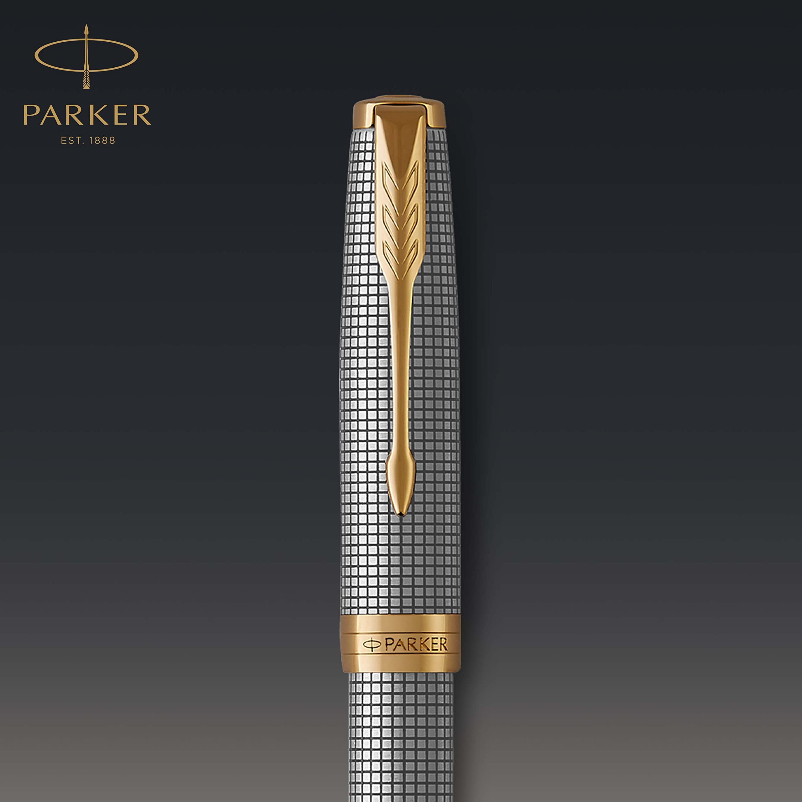 PARKER Sonnet Rollerball Pen, Chiselled Silver with Gold Trim, Fine Point Black Ink (1931491)