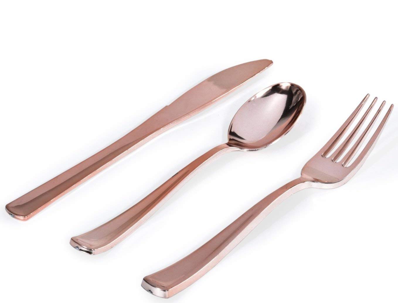 Rose Gold Plastic Silverware Set (160 Bulk Pack) Disposable Cutlery Utensils, 80 Forks, 40 Knives, 40 Spoons, Heavy Duty Rose Gold Flatware For Holidays, Parties, Dinners, Weddings, and Occasions