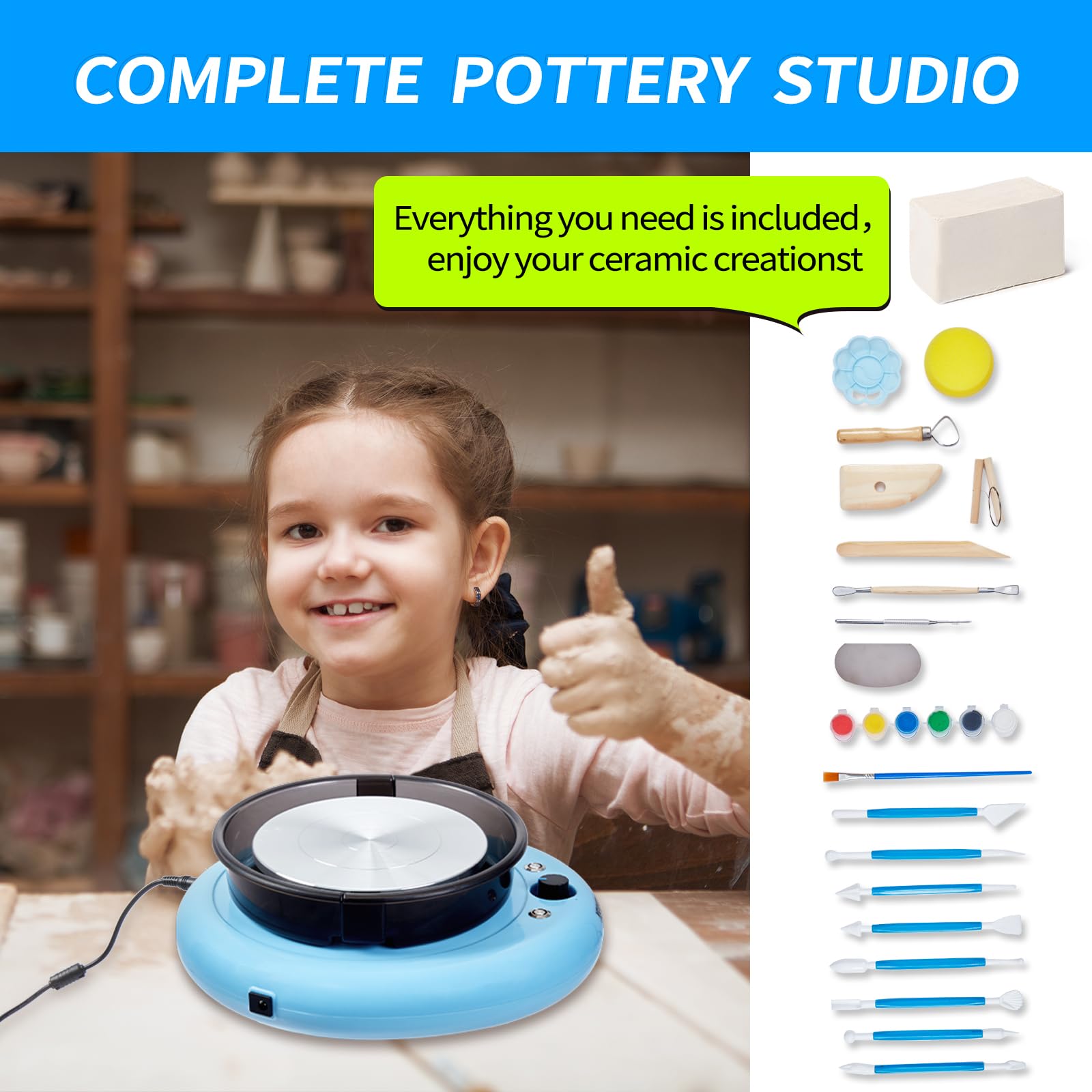 Portable Electric Ceramic Machine Mini Pottery Wheel with 6 Inch Pottery Wheel for Kids Adults Beginners Complete Pottery Kit for Pottery Studio Home DIY Pottery Training School Easter Valentine's Day