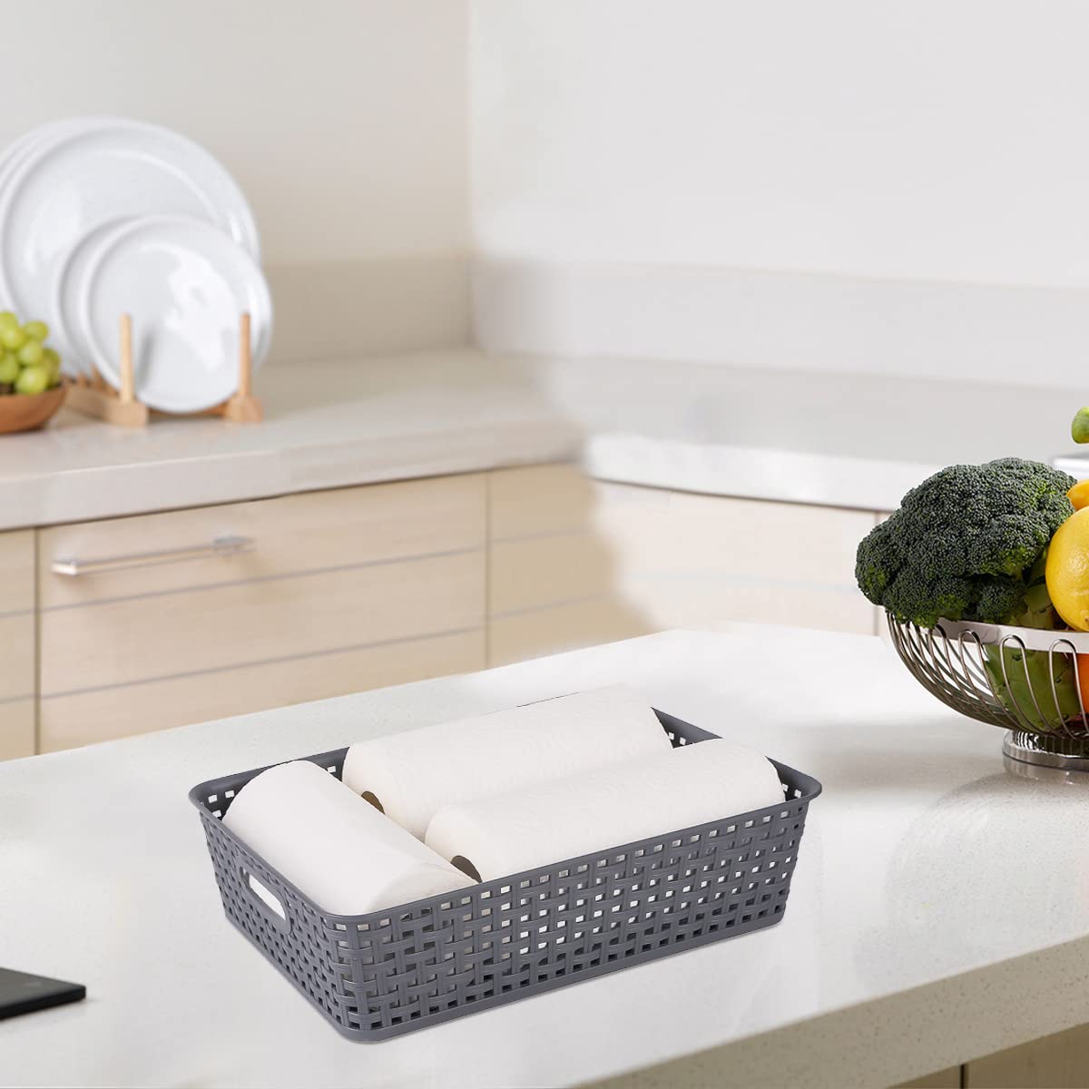 Tonxus Plastic Storage Baskets Set of 6 Durable Small Weave Pantry Organizer Bins Organization and Storage Shelves Baskets Organization for Kitchen,Craft Room Bookshelf and Office (Gray)