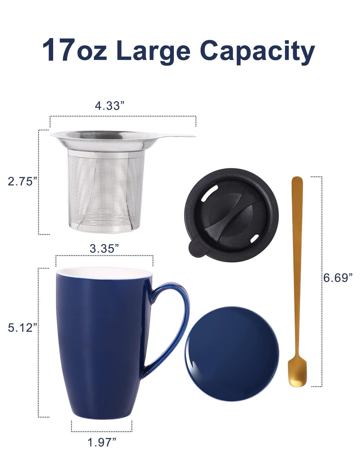 YumKubis Tea Cup Set, Two Sets Tea Cup with Infuser and Lid, 17 OZ Large Tea Infuser Mug, Ceramic Tea Mug for Women, Men, Kids