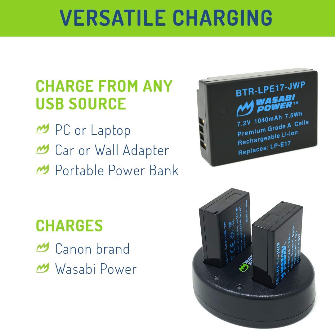 Wasabi Power LP-E17 Battery (2-Pack) and Dual USB Charger for Canon LP-E17 and Canon EOS R10, EOS RP, EOS M6 Mark II, M6, M5, M3, EOS Rebel T8i, T7i, T6i, T6s, EOS Rebel SL3, SL2, EOS 77D