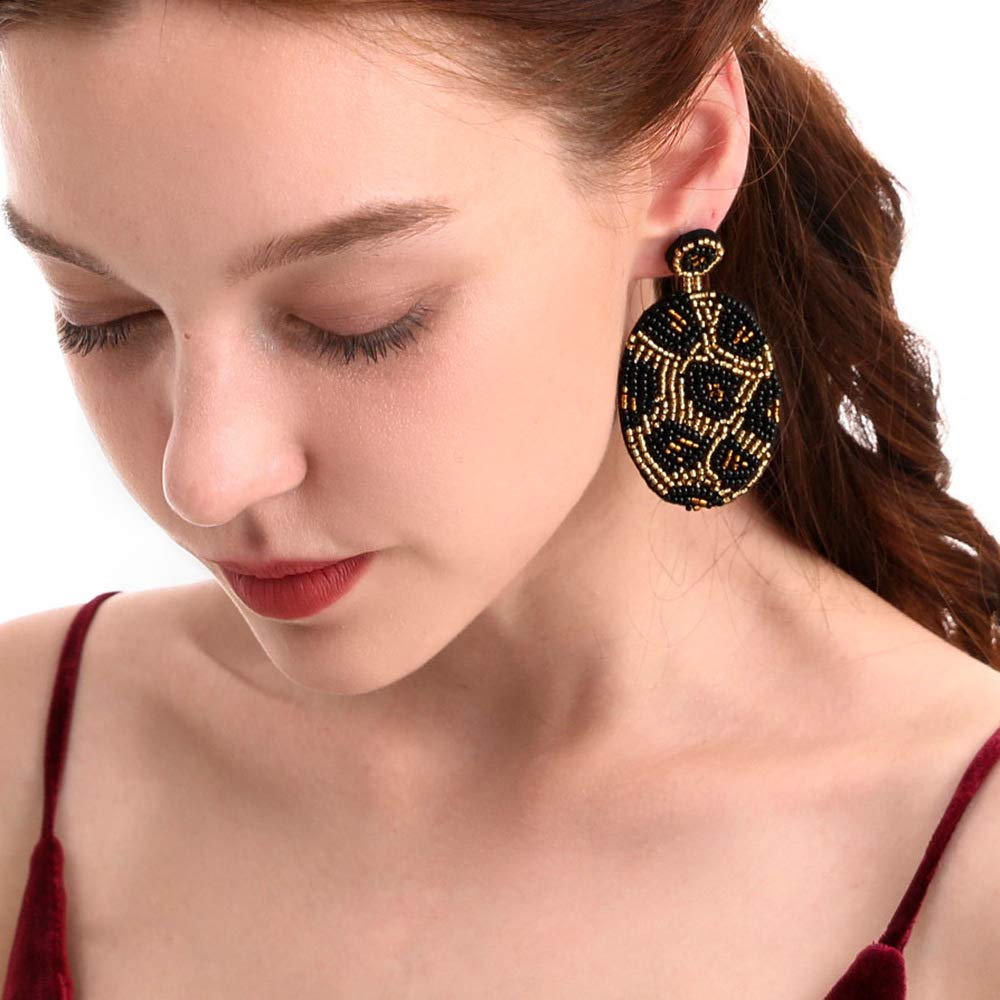 Women's Boho Handmade Beaded Drop Dangle Earrings Oval Leopard Bohemian Statement Jewelry (Gold)