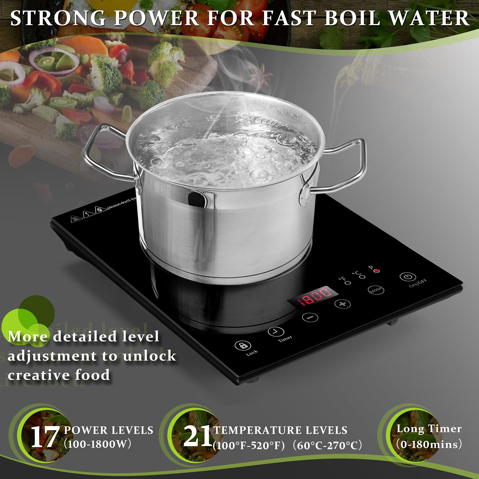 Portable Induction Cooktop, KXITGSIMRE 1800W Electric Induction Burner Cooktop with Child Safty Lock, 17 Power Levels 21 Temperature Setting, 3 Hours Timer