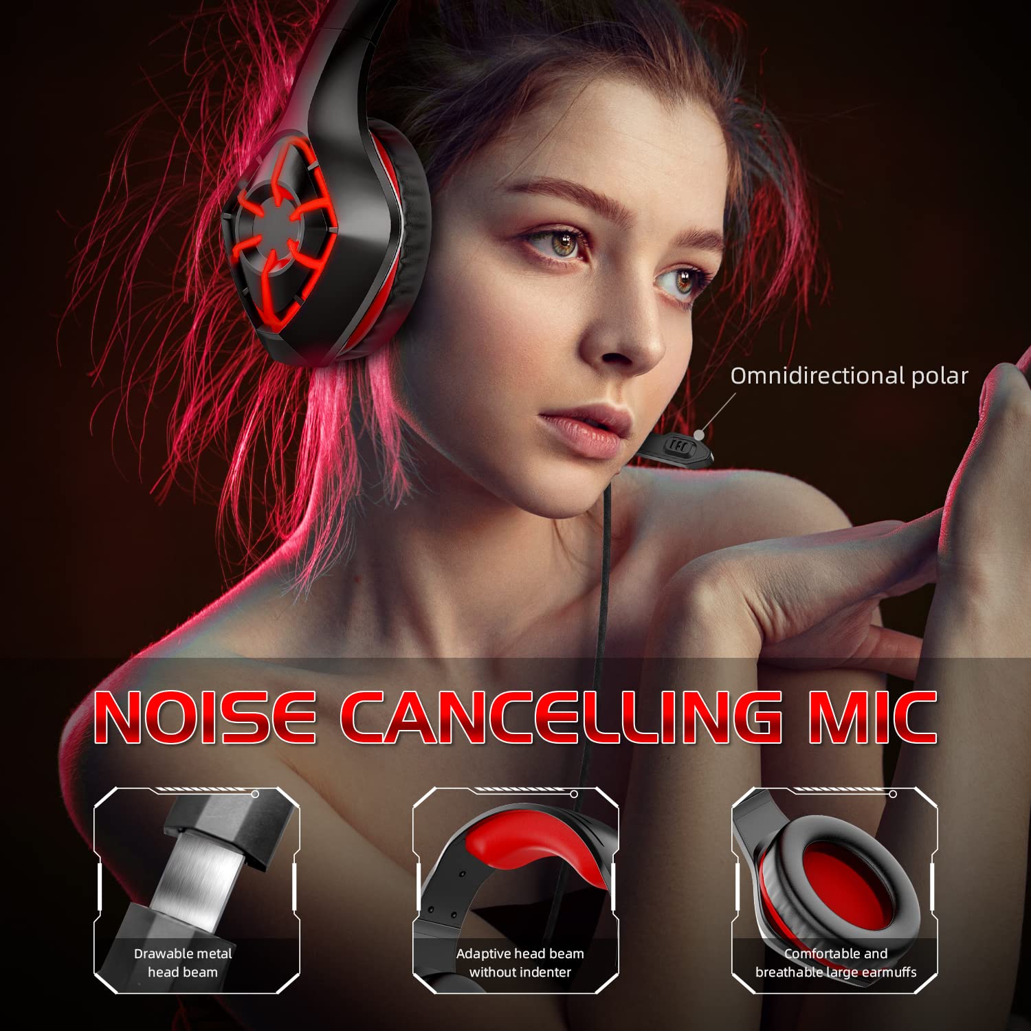 TUMAN Pro Gaming Headset with Microphone for Playstation 5,with RGB Lights and Stereo Channels,3.5mm Jack for PC Xbox One PS5,Comfort Upgrade (Red)