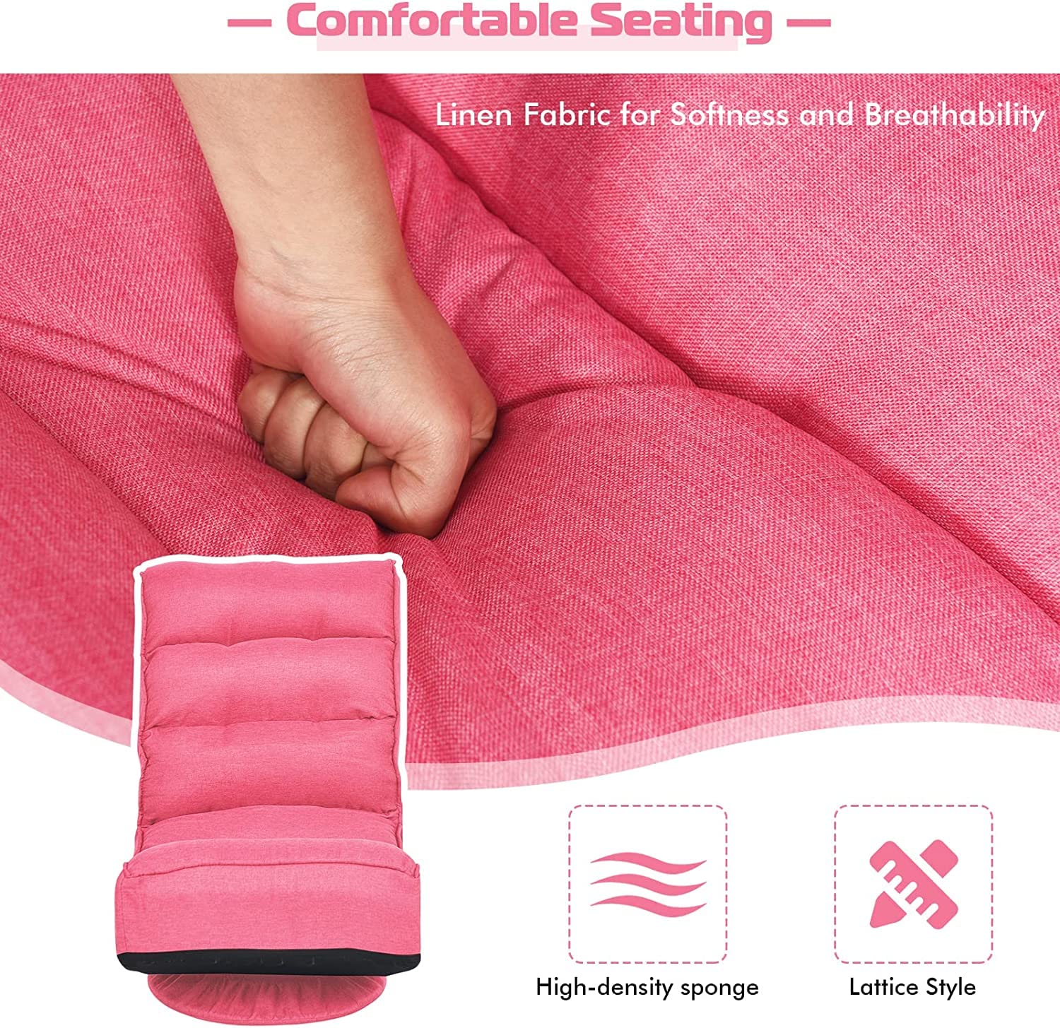 Zimbala 360 Degree Swivel Floor Sofa Chair, 6 Position Adjustable Folding Gaming Chair with Comfortable Padded Backrest, Lazy Lounge Chair for Reading, TV Watching, Gaming (Pink)