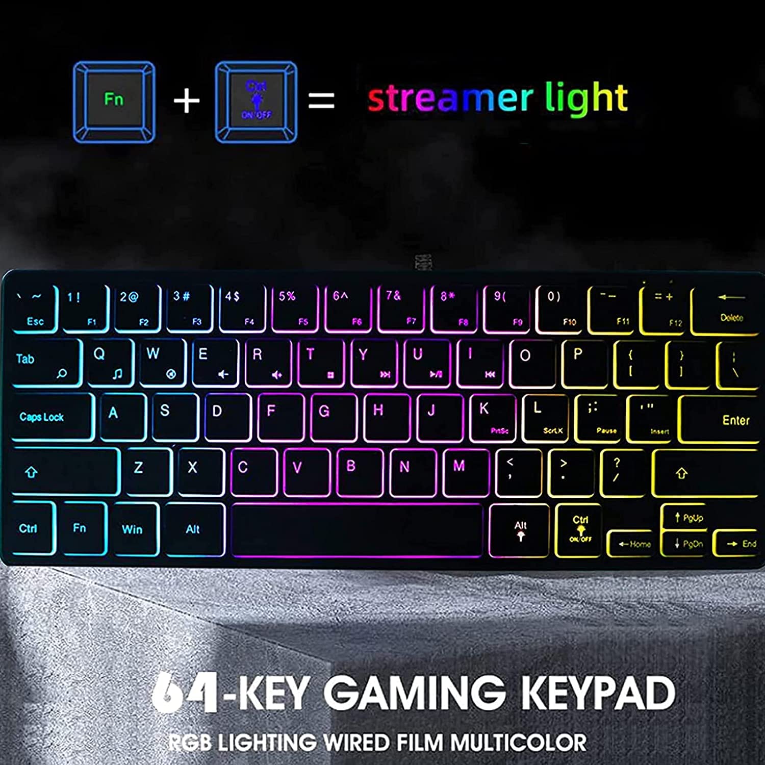 WREWING Gaming Keyboard 60 Percent, 64 Keys Compact Mini Ultra Thin Portable Wired Keyboard with Silent Click RGB Backlit Ergonomic Stand, for Gamers Office Mac Windows PC Laptop (Black)