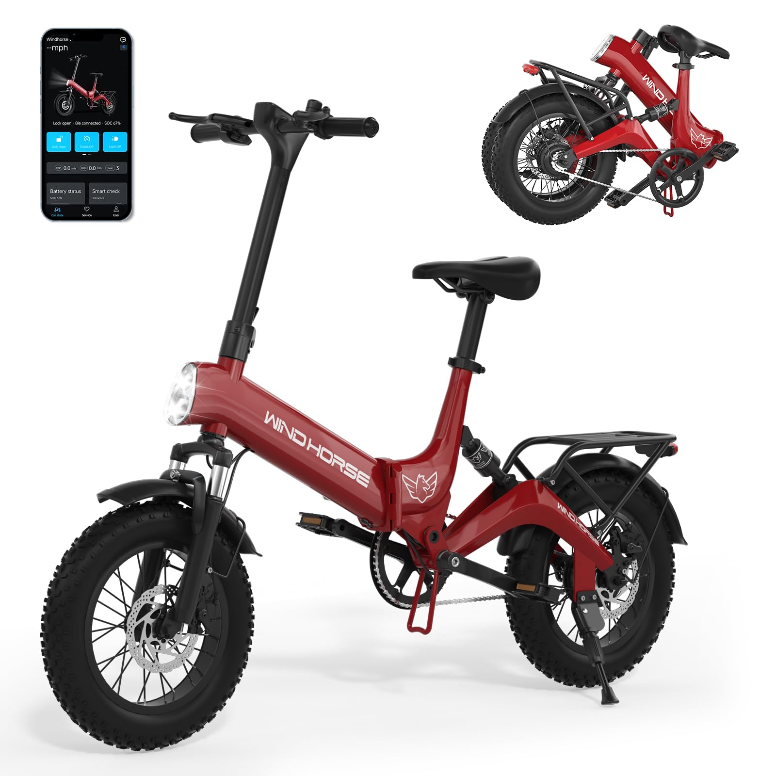 RIDWIND E-Bikes for Adults Electric, 16" Fat Tire Electric Bicycle, 20MPH Folding Ebikes with 36V Battery, APP Control, LED Display, IP67 Waterproof, Dumping Power Outage Snow Bicycle Electric