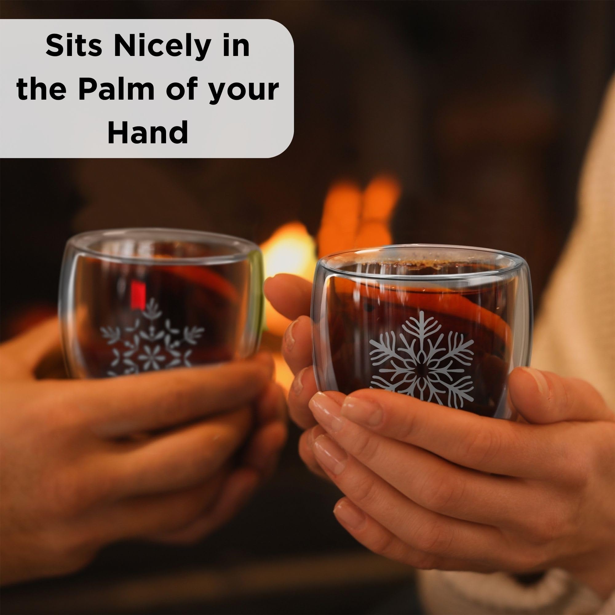 Wrenbury Mulled Wine Glasses Snowflake 7.7oz - Set of 4 Hot Toddy Mugs - Boroscilicate Double Walled Glasses - Insulated for Winter Christmas Drinks - Gluhwein Egg Nog Cups