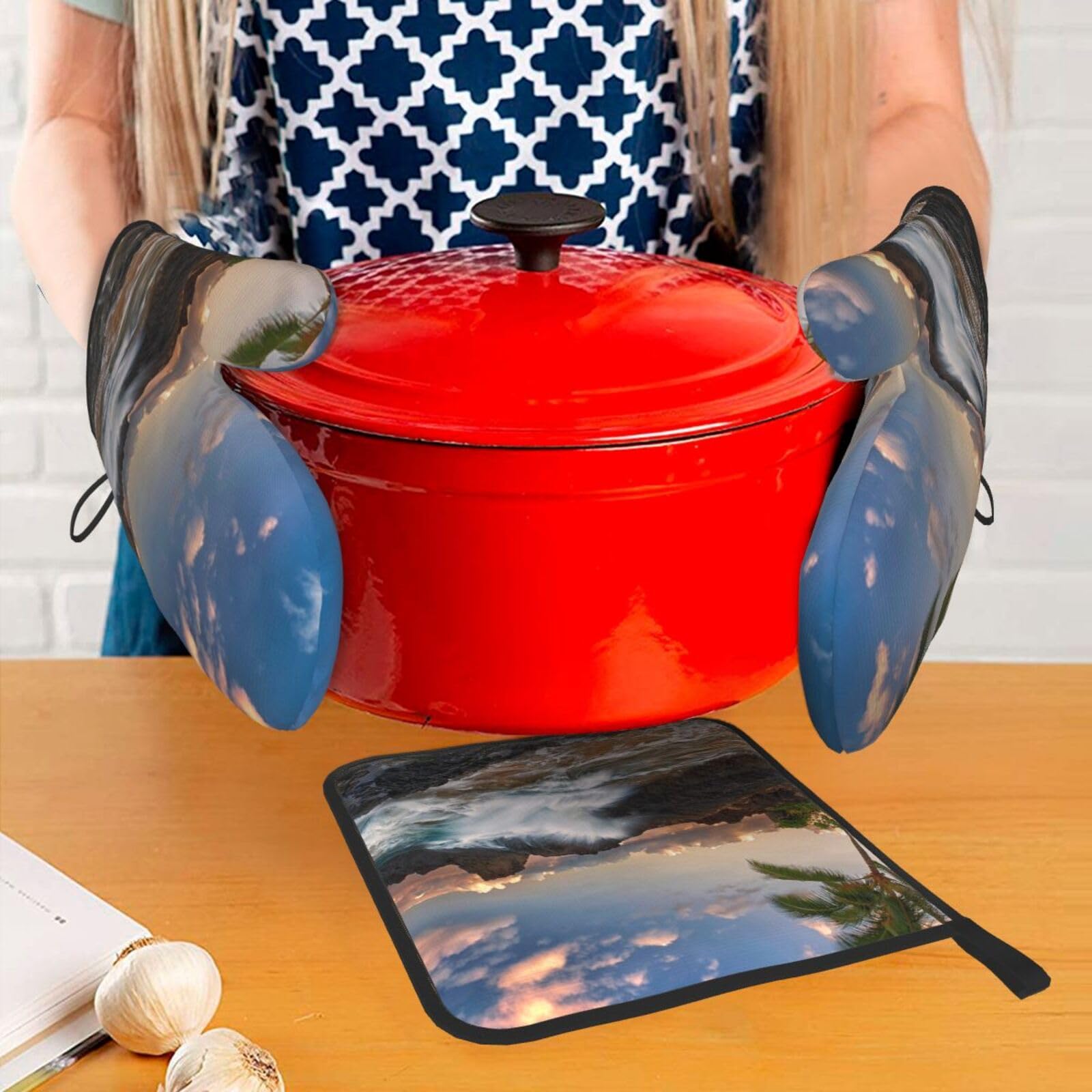 Palm Trees Clouds Tropical Coast Printed Oven Mitt and Pot Holders Set of 3 Non-Slip Cooking Gloves Heat Resistant Hot Pads for Kitchen BBQ Baking