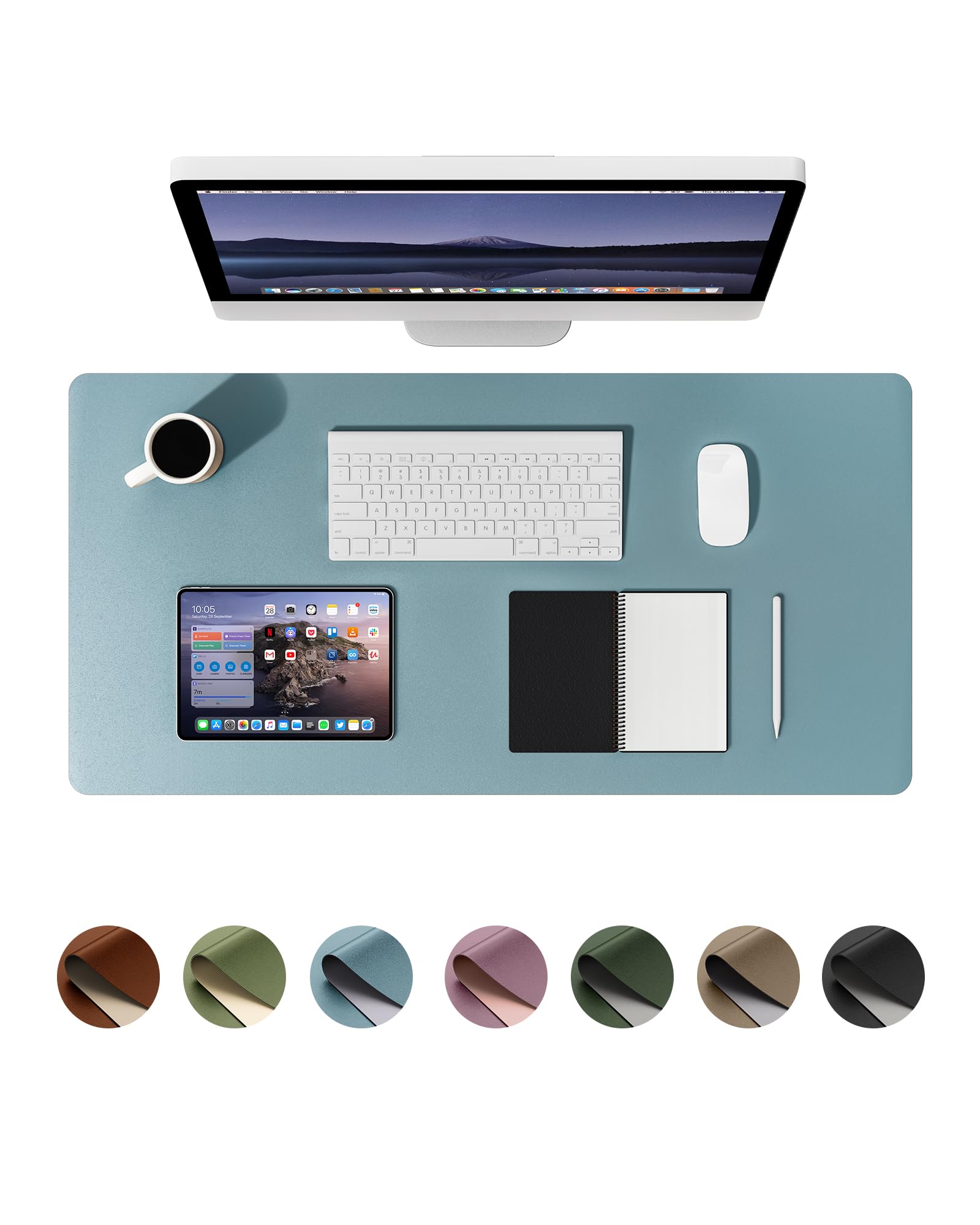 YSAGi Dual-Sided Leather Desk Pad, Office Desk Mat, PU Leather Desktop Protector, Large Mouse Pad, Laptop Desk Pad, Waterproof Desk Writing Pad for Office and Home (23.6" x 13.8", Blue+Grey)