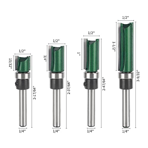 TOTOWOOD Top Bearing Flush Trim Router Bit , 4 Pcs Pattern Flush Trim Router Bit Set,1/4 Inch Shank,Cutting Height in 15/32”, 3/4”, 1”, 1-1/2”,Flush Trim Cut Router Bits (Pattern Flush Trim)