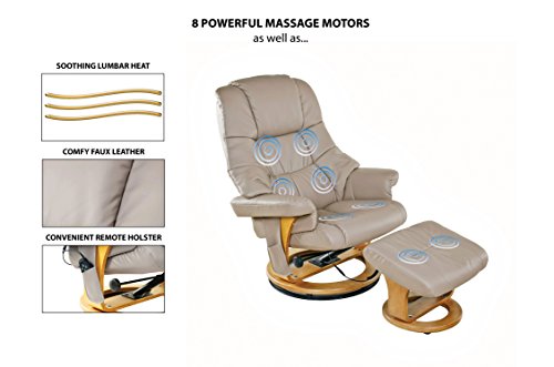 Relaxzen 60-079008 8 Motor Massage Recliner with Heat and Ottoman, Beige and Wood Base