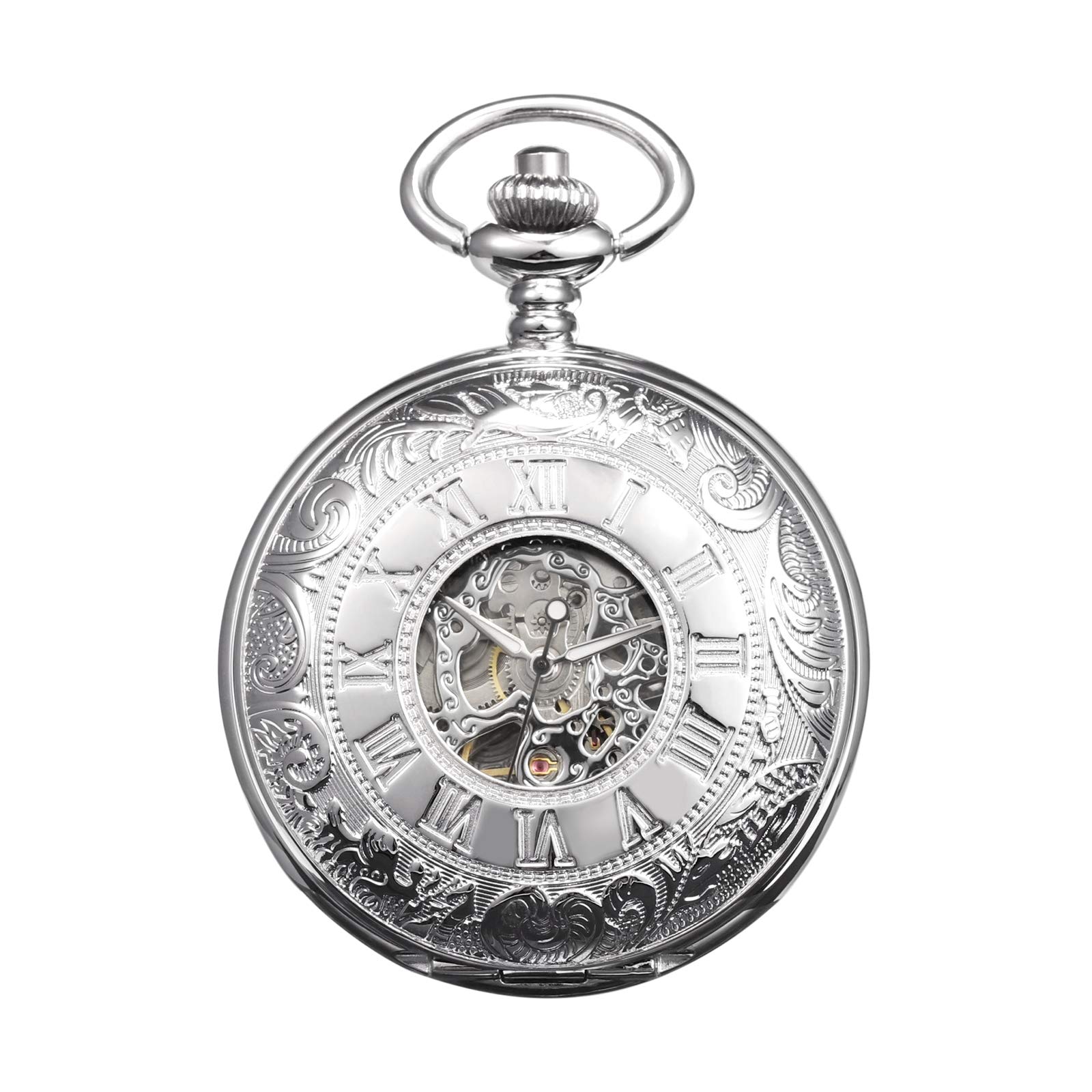TREEWETO Men's Mechanical Skeleton Pocket Watch for Mens Women Roman Numerals Dial Silver Tone Double Case Pocket Watches