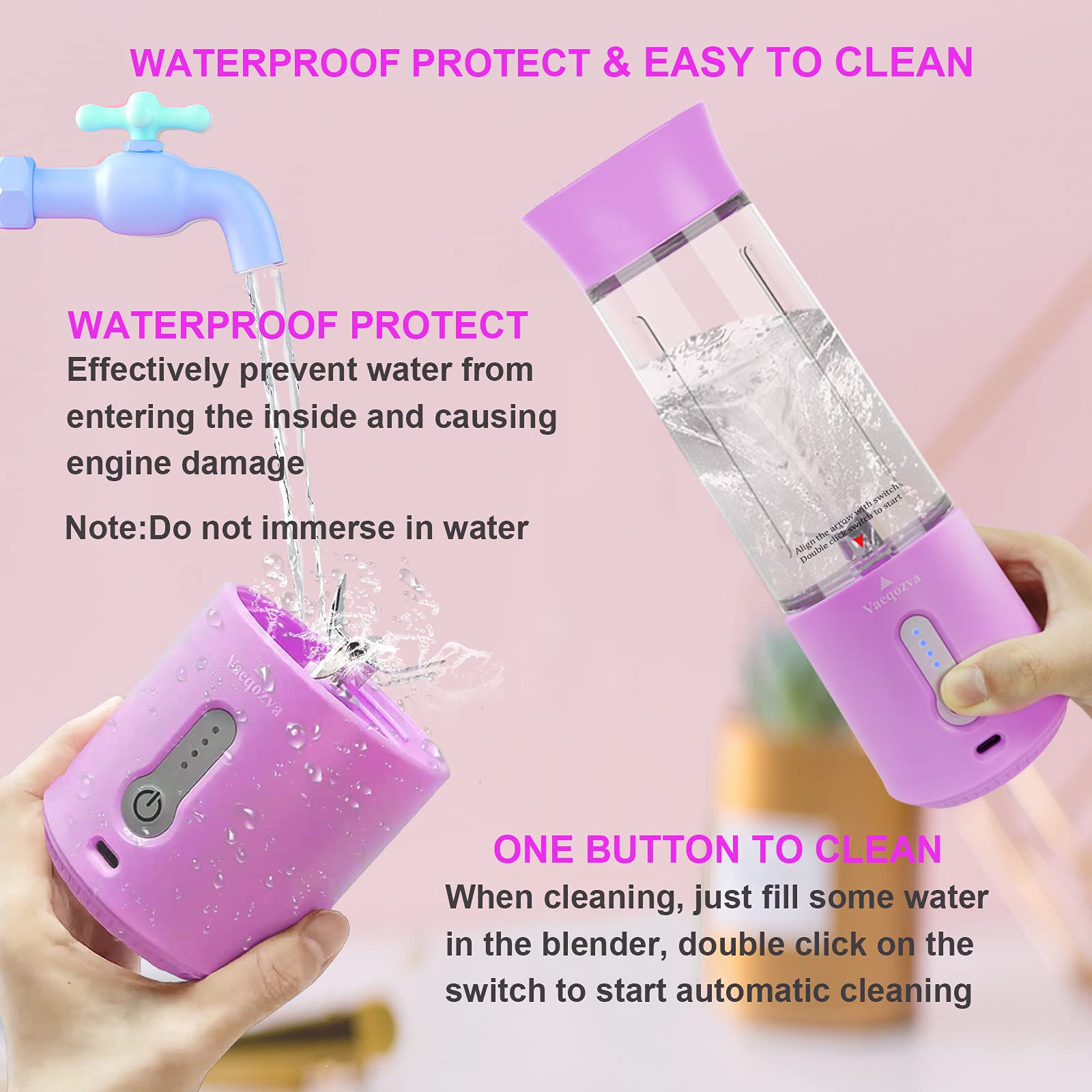 Portable Blender USB Rechargeable, Vaeqozva 17 Oz Large Capacity Mini Blender for Shakes and Smoothies, Waterproof Personal Size Jucier for Travel, Home, Sport, Office, Outdoors-Chic Pink
