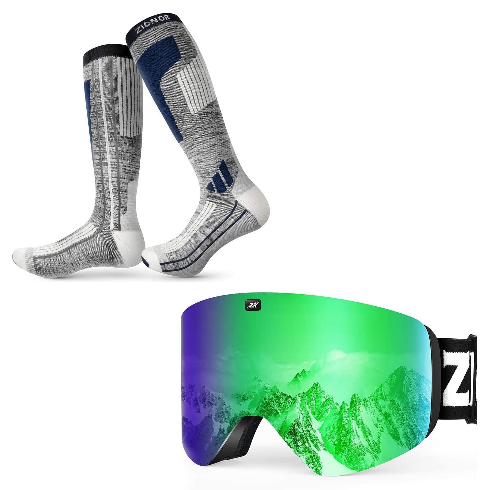 ZIONOR X11 Ski Goggles Magnetic Cylindrical Snowboard Snow Goggles for Men Women and Ski Socks