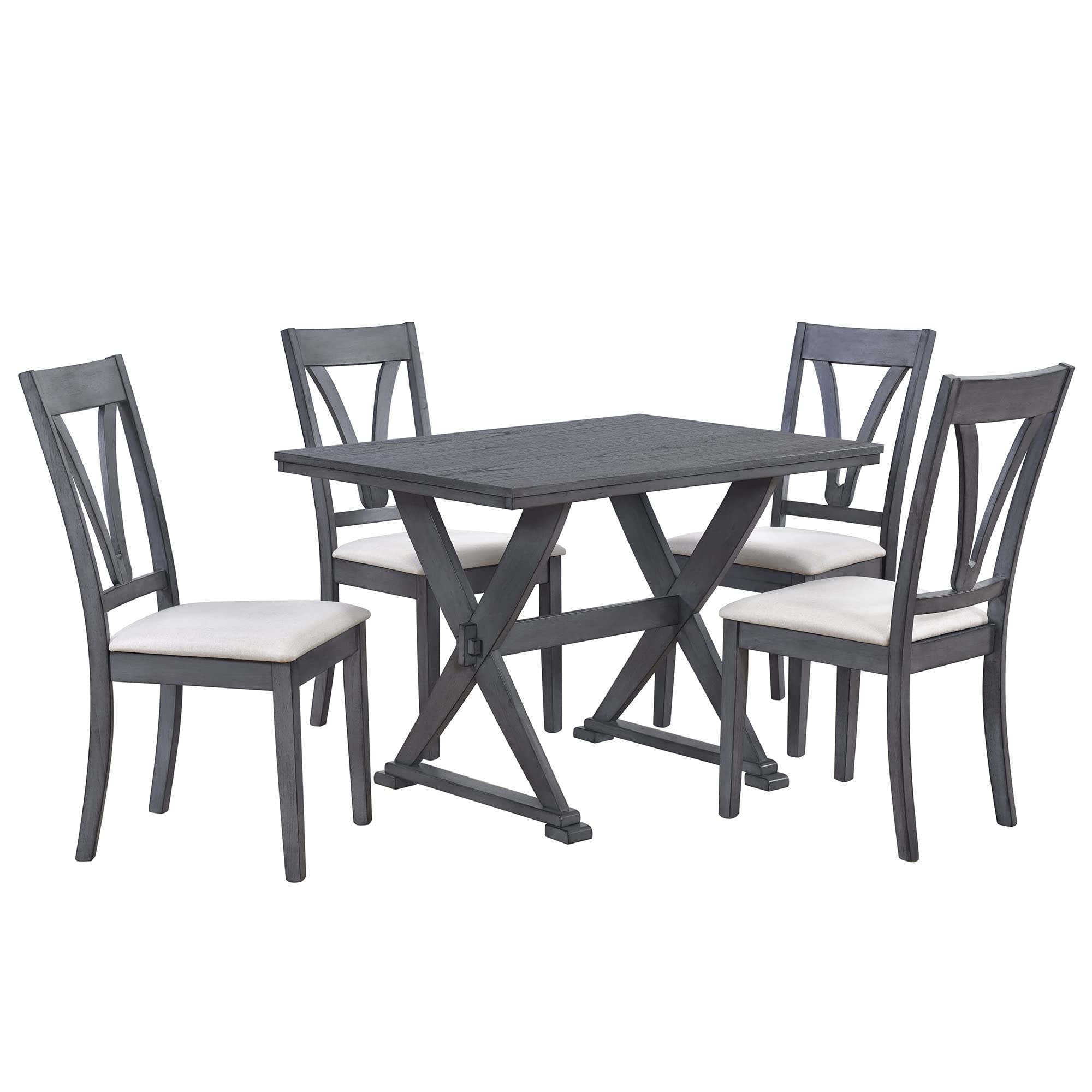 Prohon 5-Piece V-Shaped High Backrest Upholstered Chair for 4, Mid-Century Dinner Furniture w/Strong Rubber Wood Legs for Small Space, Kitchen, Apartment, Antique Grey, Dining Table Set for 4