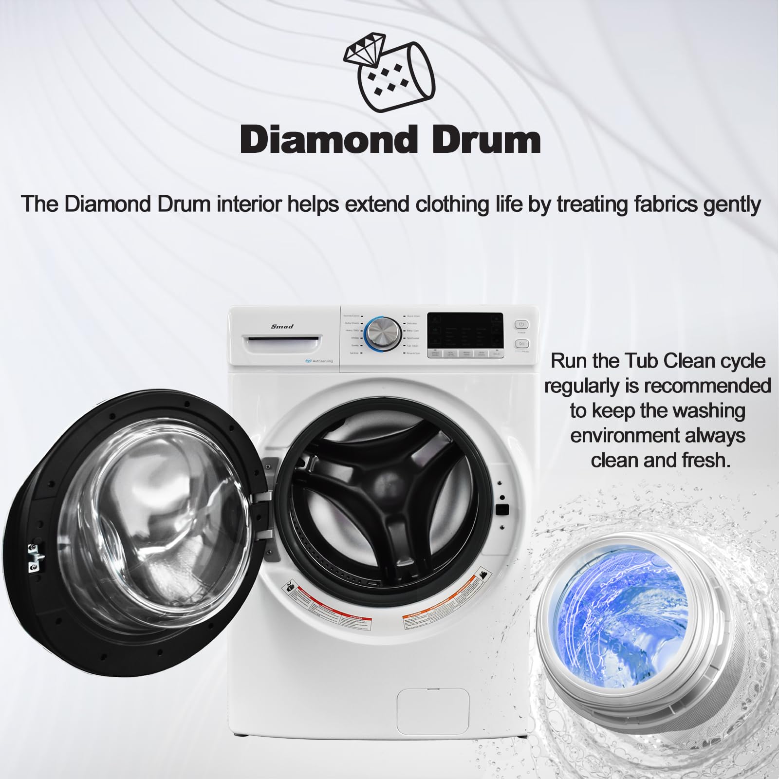 Smad 27 in. 4.5 Cu. Ft. Front Load Washing Machine with Quiet Inverter Motor, Steam and Water Plus Functions, Quick Wash, 12 Washing Cycles, 120V, White